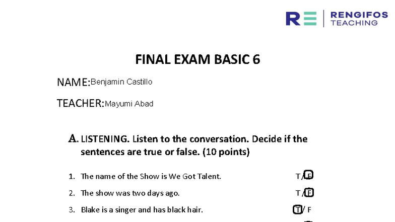 Basic 6 - Final Exam Listening & Vocabulary - Benjamin Castillo - Studocu