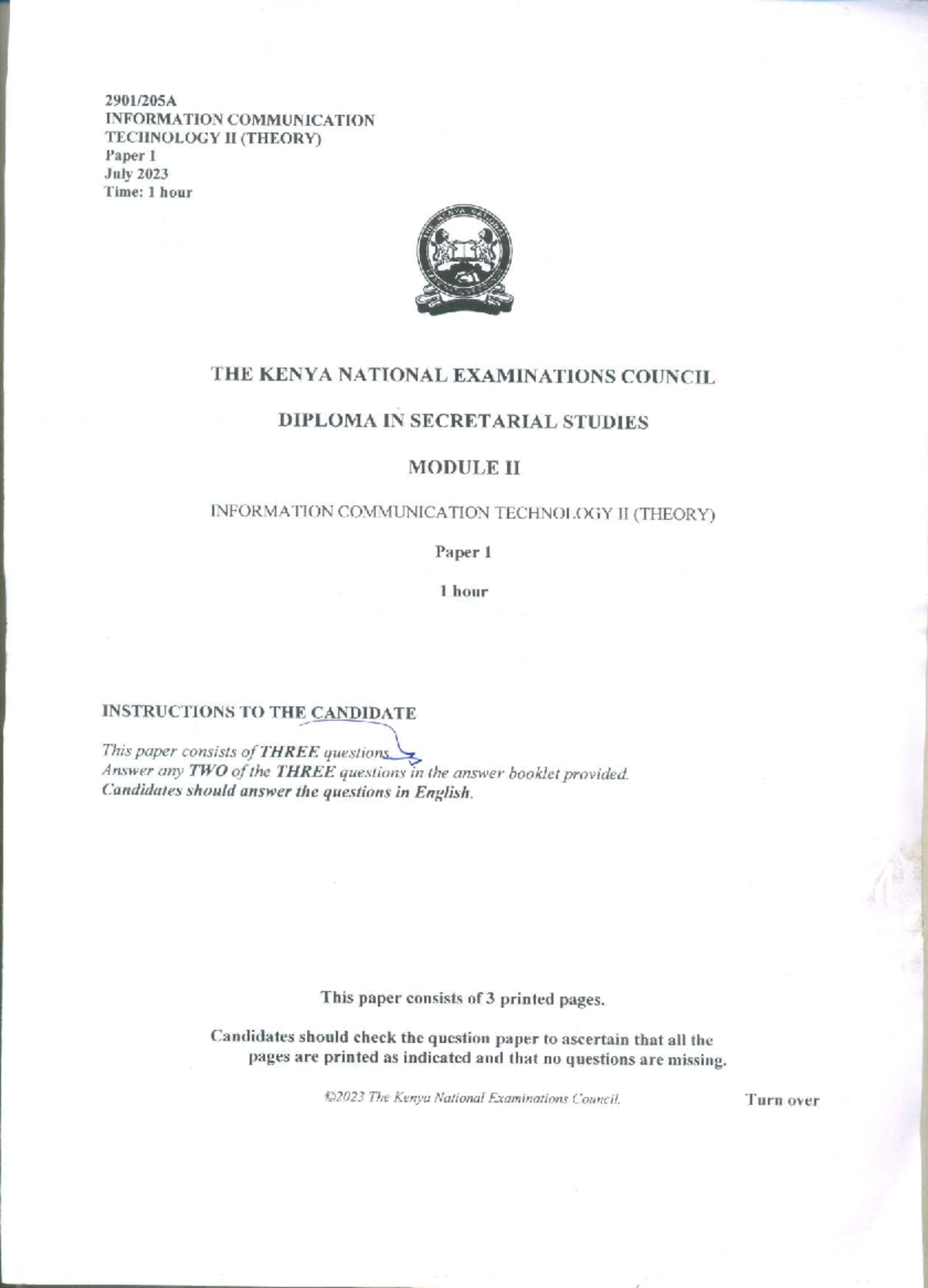 ICT II (Theory) Paper 1 July 2023 Exam Guide - Studocu