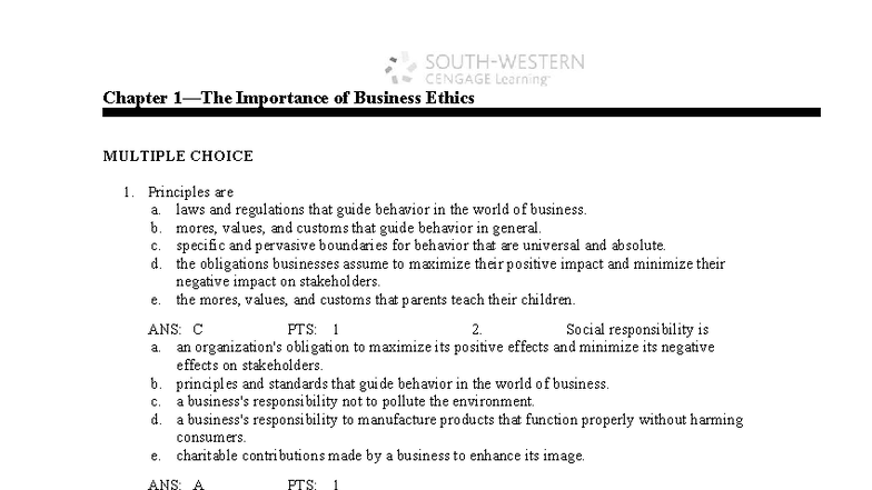 Chapter Business Ethics Testbank MULTIPLE CHOICE Questions and Answers ...