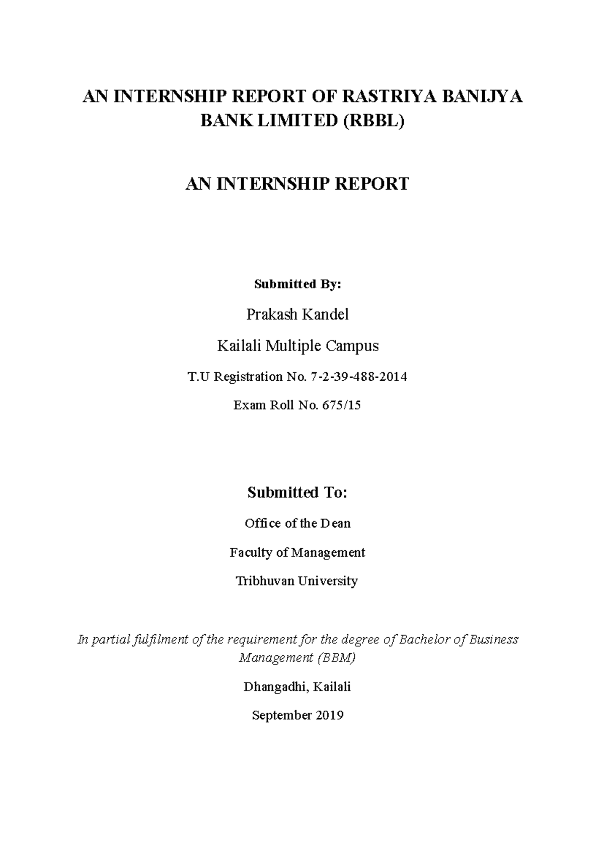 Internship Report on Rastriya Banijya Bank Limited (BBM) - Studocu