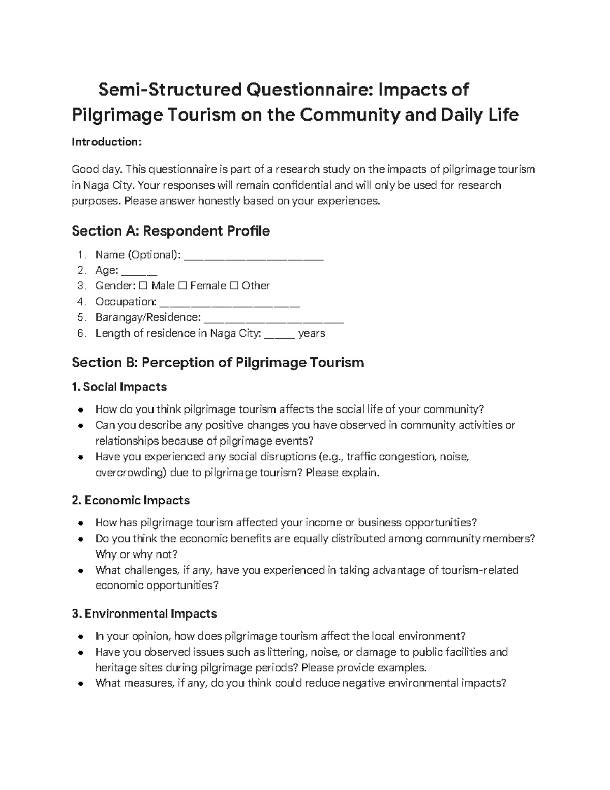 Questionnaire: Impacts of Pilgrimage Tourism on Community Life - Studocu