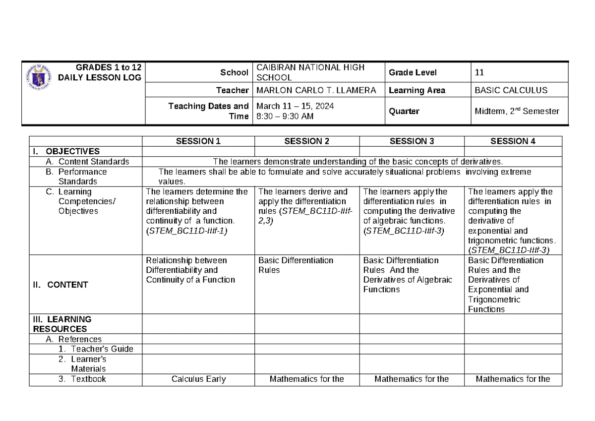 Grade 11 Basic Calculus Daily Lesson Log (DLL) for Midterm 2 - Studocu