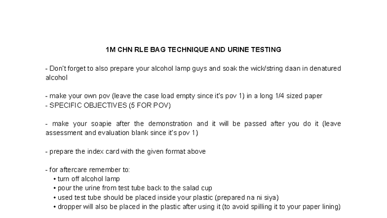 1M CHN RLE Urine Testing & Bag Technique Procedures - Studocu