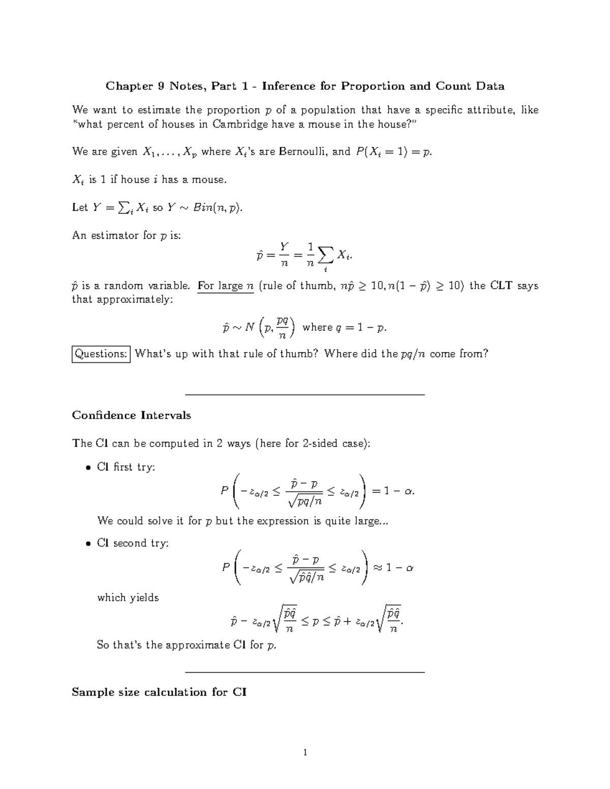 MIT 15.075J Fall 2011 Chapter 9 Notes: Inference for Proportions - Studocu