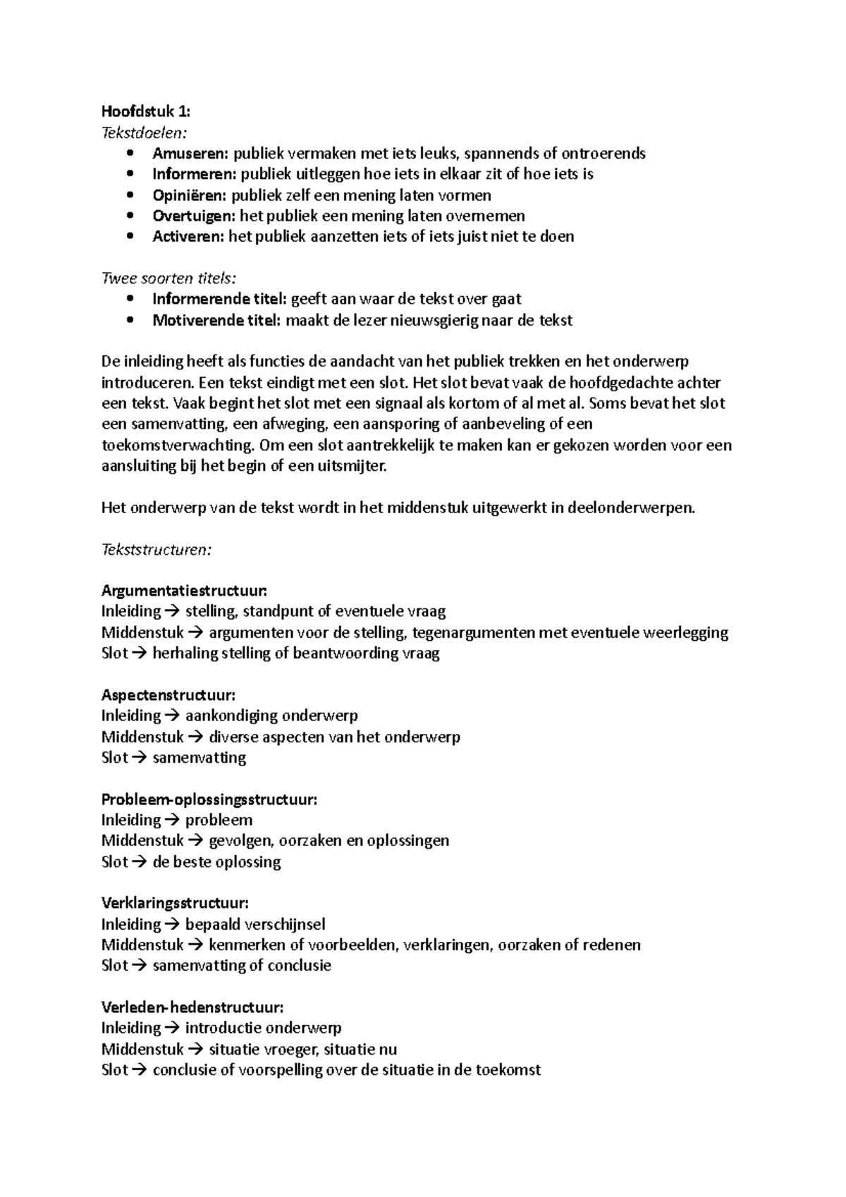 Nederlands Hoofdstuk 1: Tekstdoelen, Structuren en Signaalwoorden ...