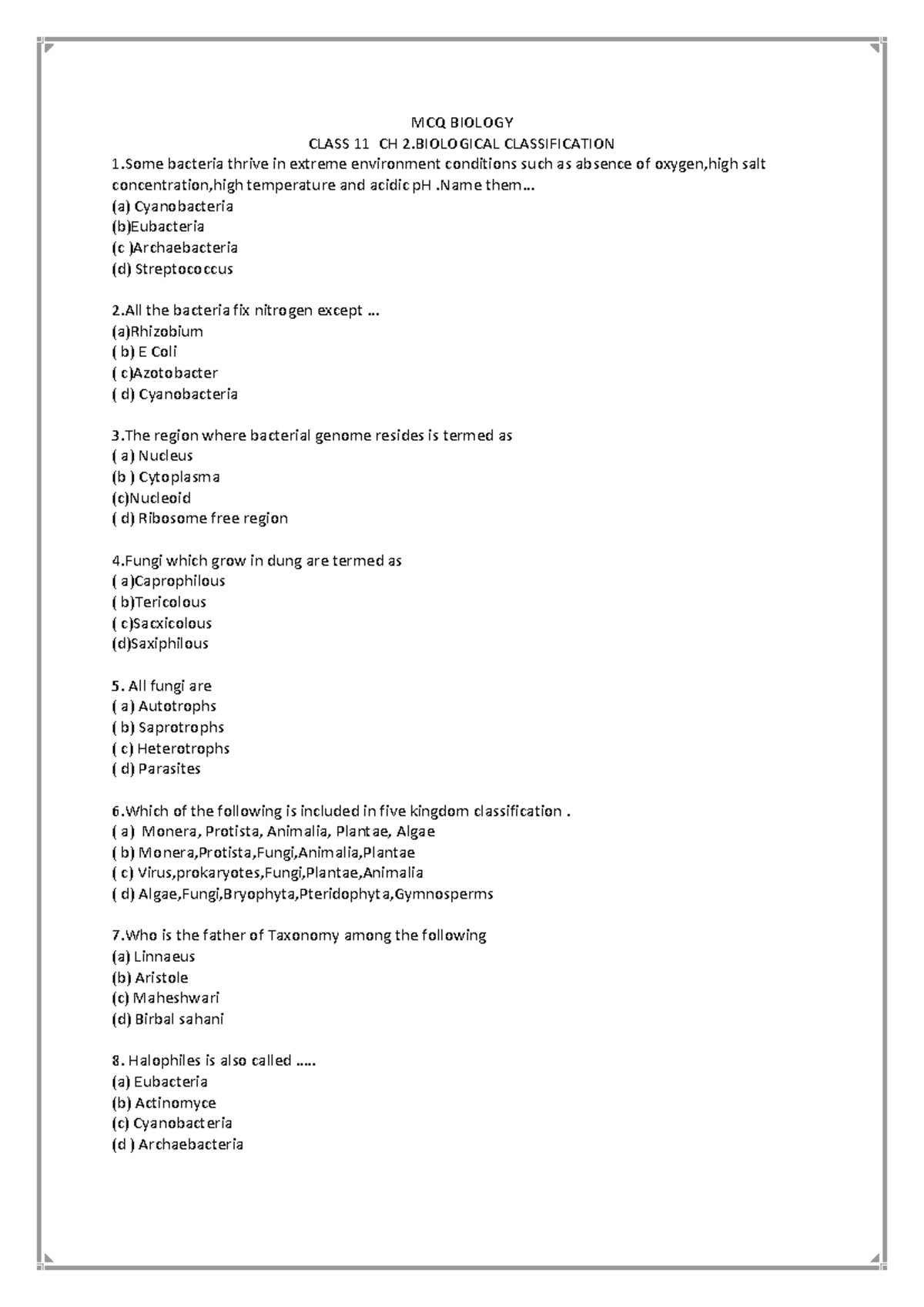 MCQ BIOLOGY CLASS 11 CH 02: BIOLOGICAL CLASSIFICATION - Studocu