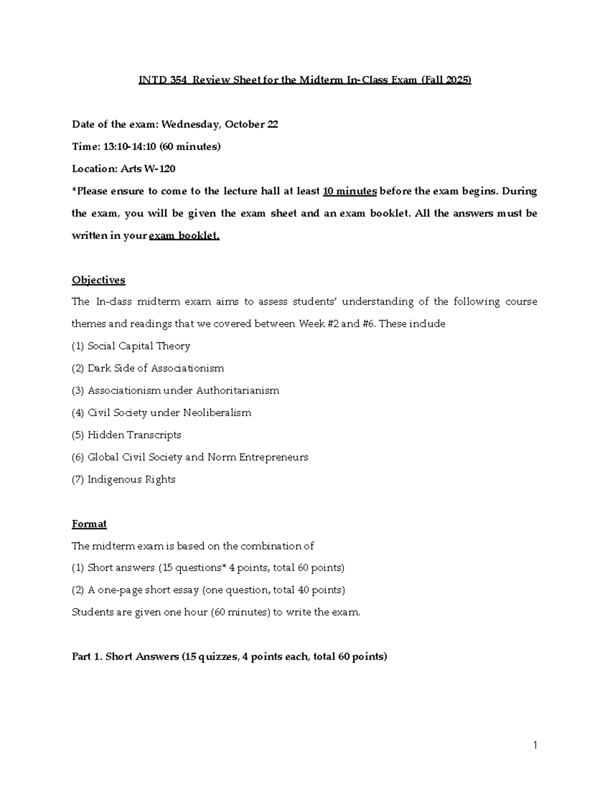 INTD 354 In-Class Midterm Exam Review Sheet (Fall 2025) - Studocu