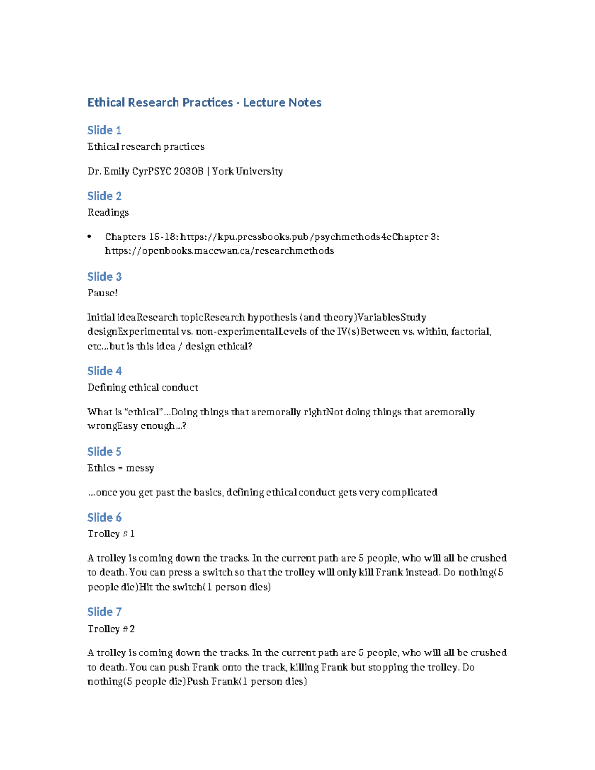 PSYC 2030B Ethical Research Practices Lecture Notes - Studocu