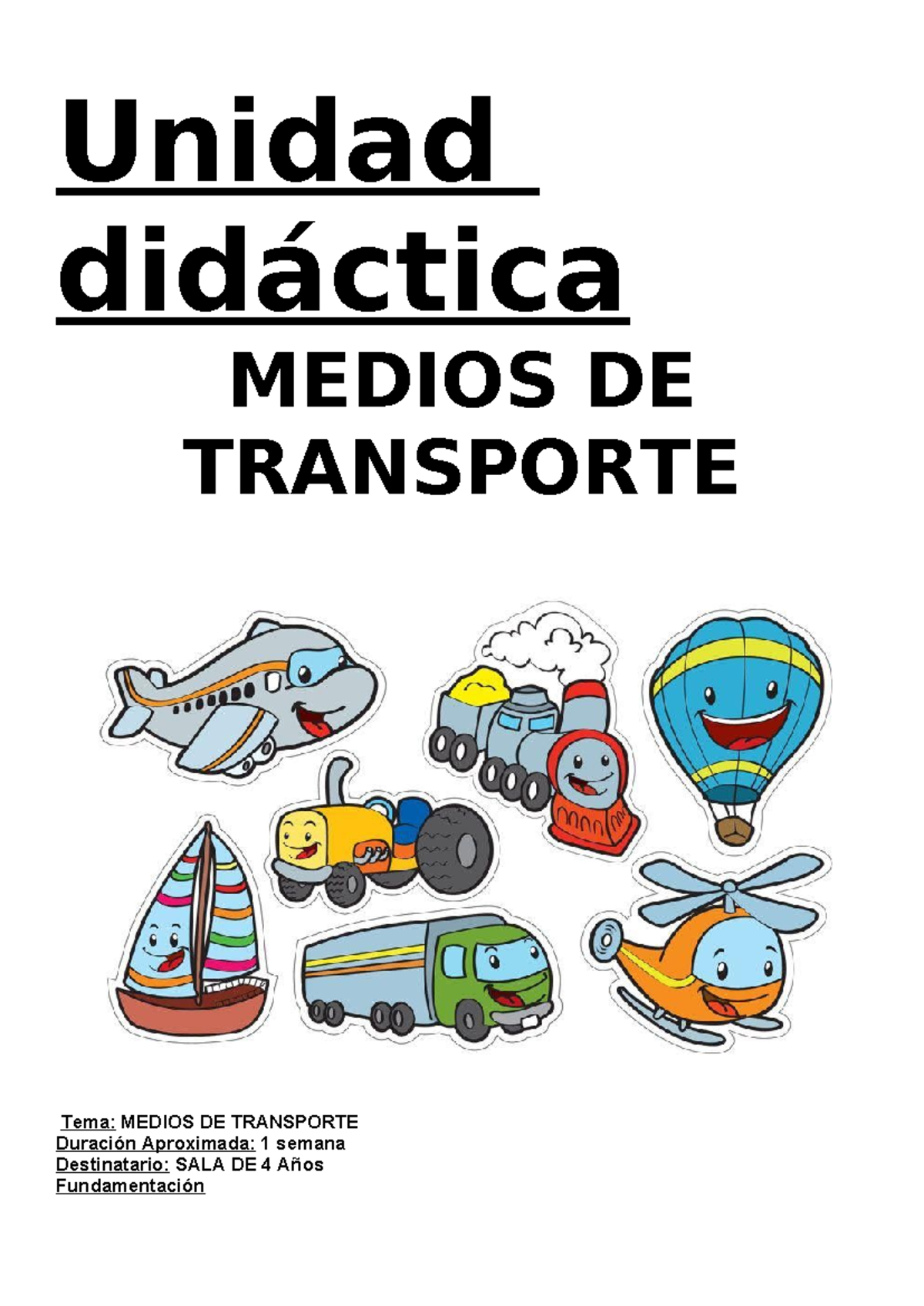 Unidad Didáctica: Medios de Transporte para Sala de 4 Años - Studocu