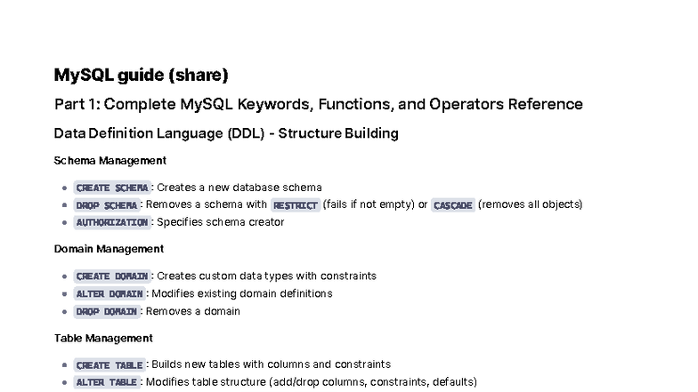 MySQL Guide (CS101) Part 1: Complete Keywords, Functions & Operators - Studocu