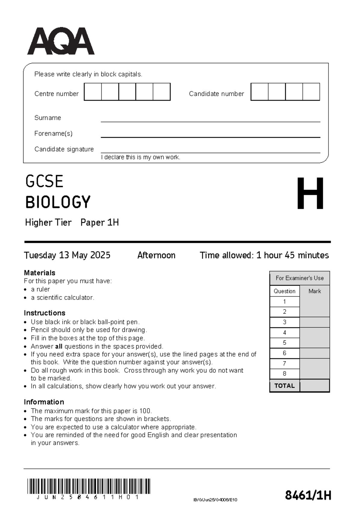 GCSE BIOLOGY 1H Higher Tier Exam Paper - May 2025 - Studocu