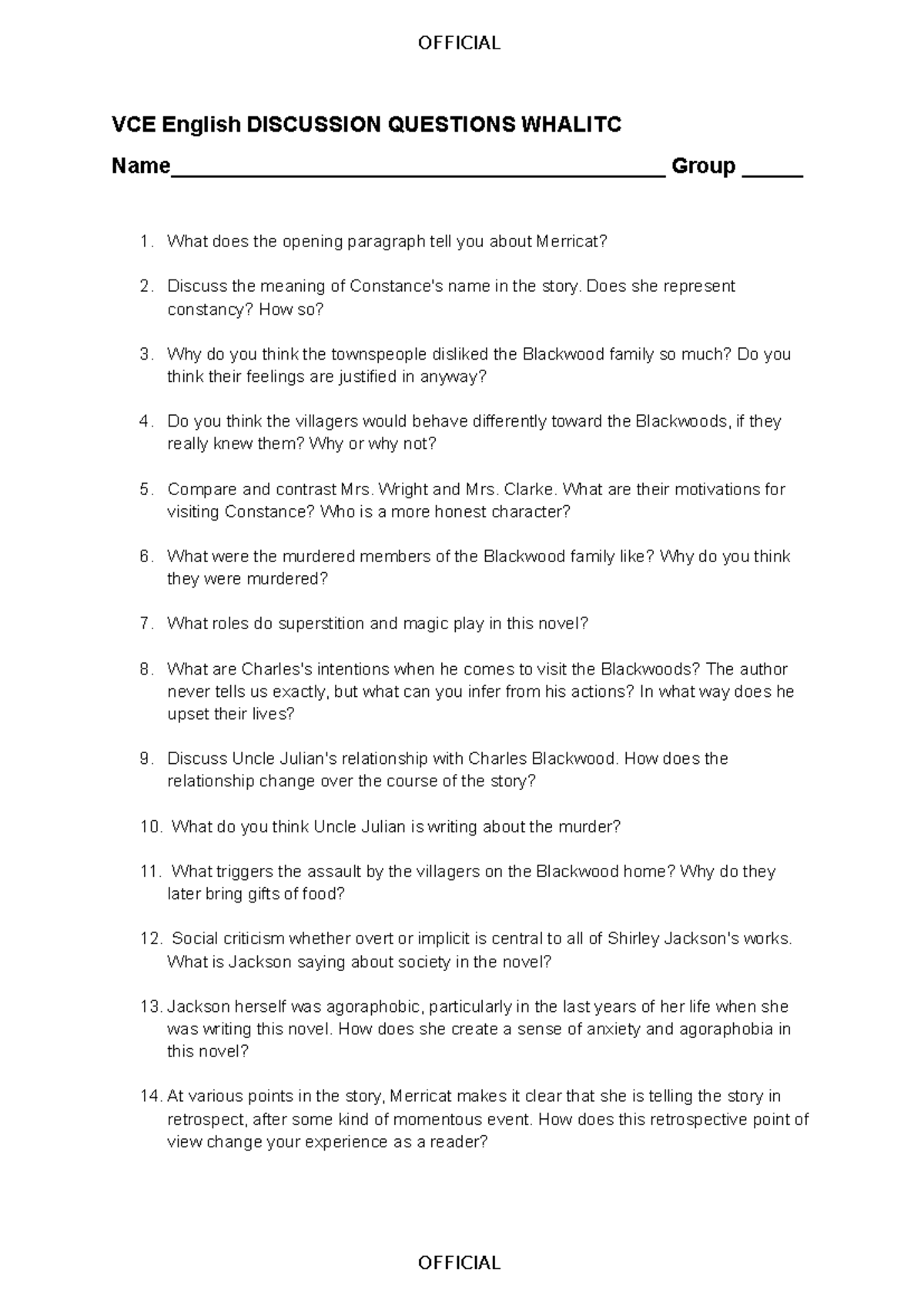 VCE English Discussion Questions: Analyzing "We Have Always Lived in ...