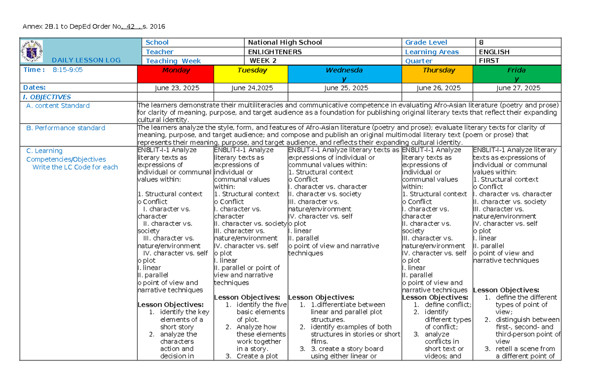 ENG 8 Q1 Week 2 - Analyzing Literary Texts and Values - Studocu