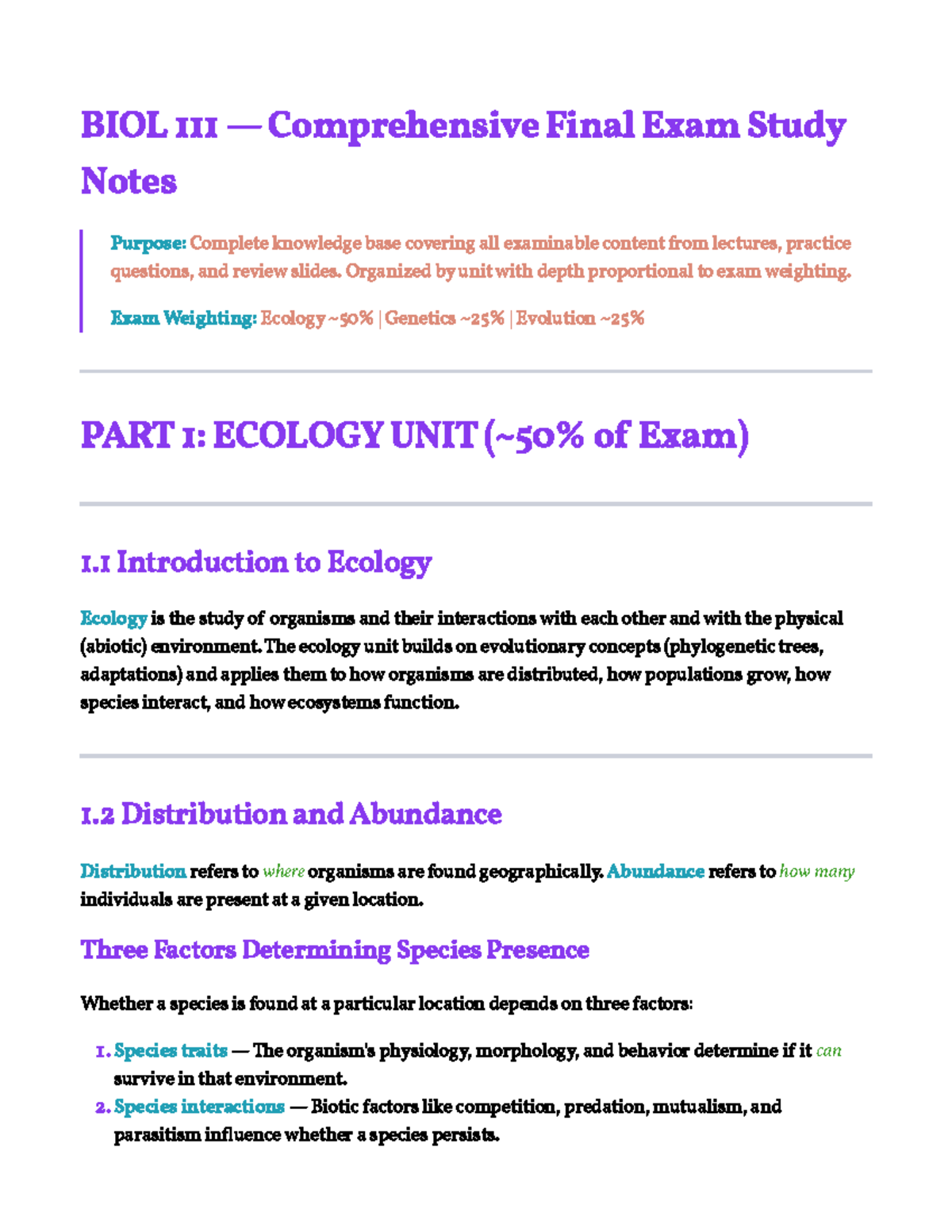 BIOL111 Comprehensive Final Exam Study Notes on Ecology & Genetics ...