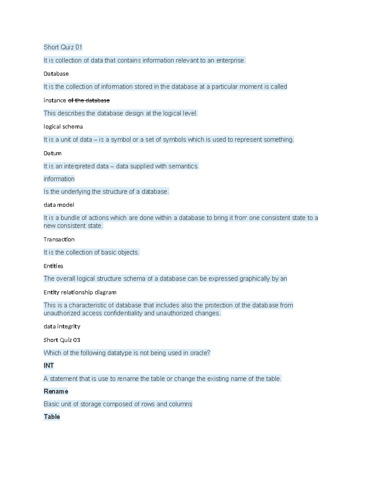 Short Quiz 01 & 02 Answer Key - DBMS 101 - Studocu