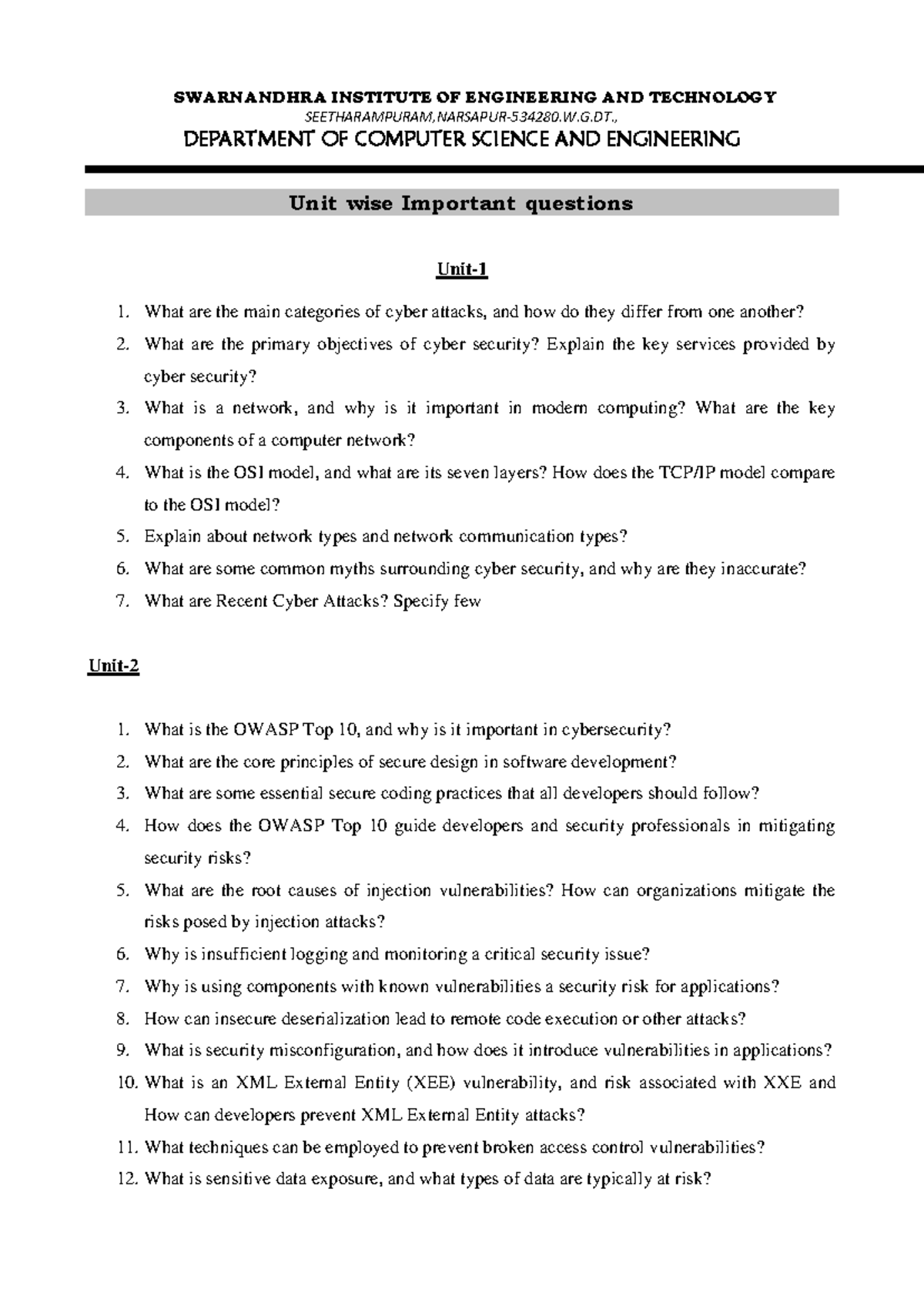 SCT CSE Unit Wise Important Questions on Cybersecurity and Python - Studocu