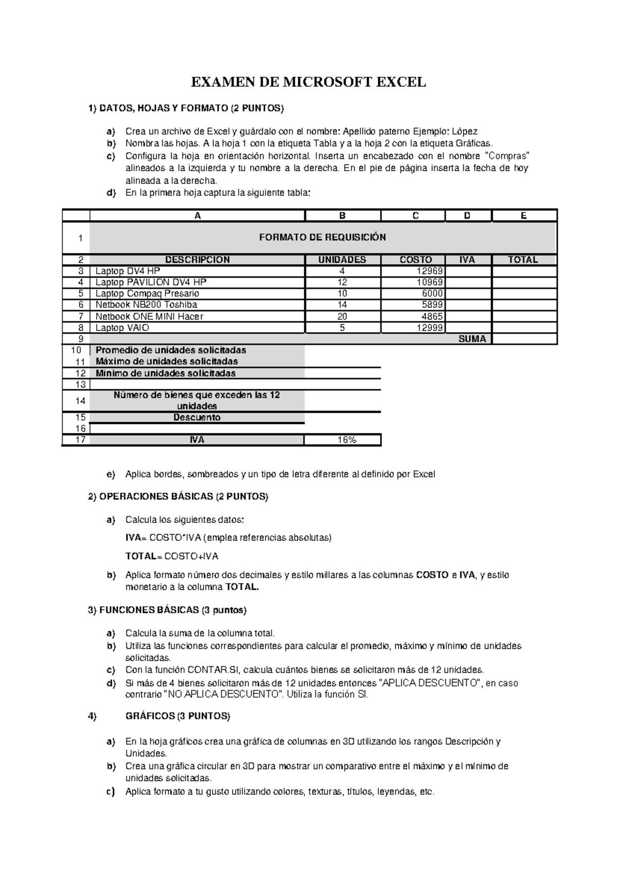 Prueba excel básico - EXAMEN DE MICROSOFT EXCEL 1) DATOS, HOJAS Y FORMATO (2 PUNTOS) a) Crea un ...