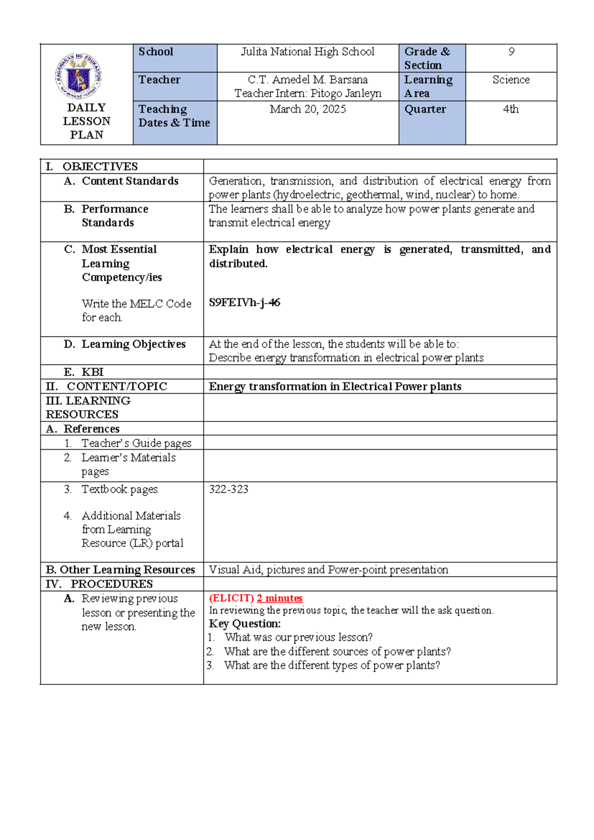 Power Plants: Daily Lesson Plan for Grade 9 Science (March 2025) - Studocu