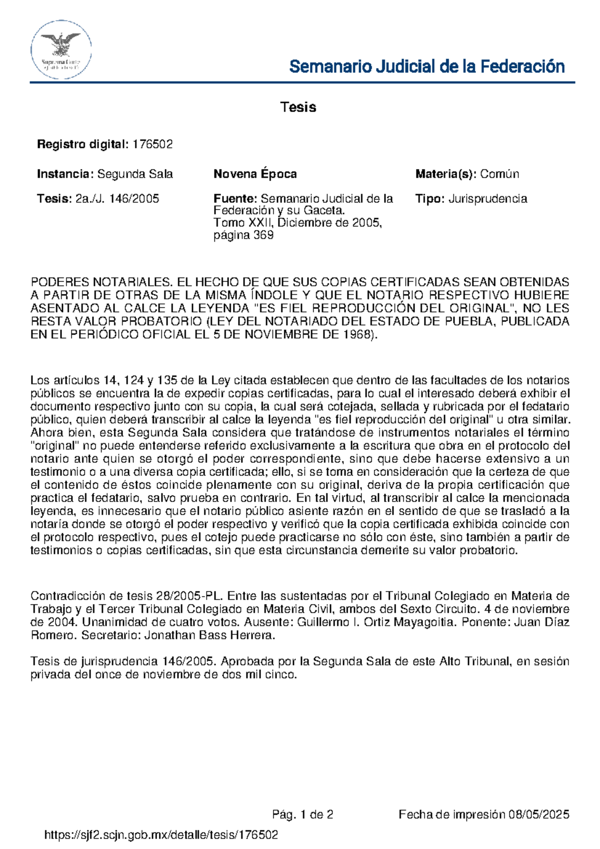 Tesis de Jurisprudencia 176502: Poderes Notariales y Valor Probatorio ...