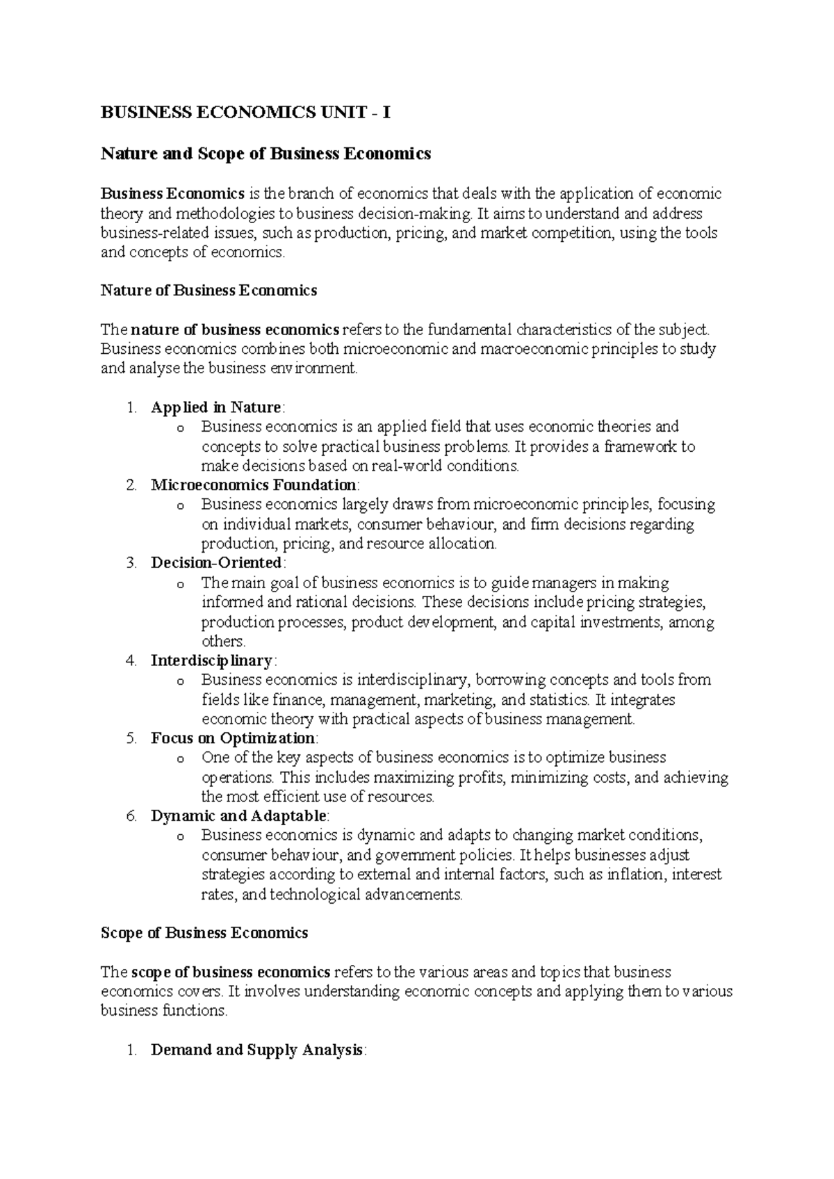 Business Economics UNIT-I: Nature, Scope, & Key Concepts - Studocu