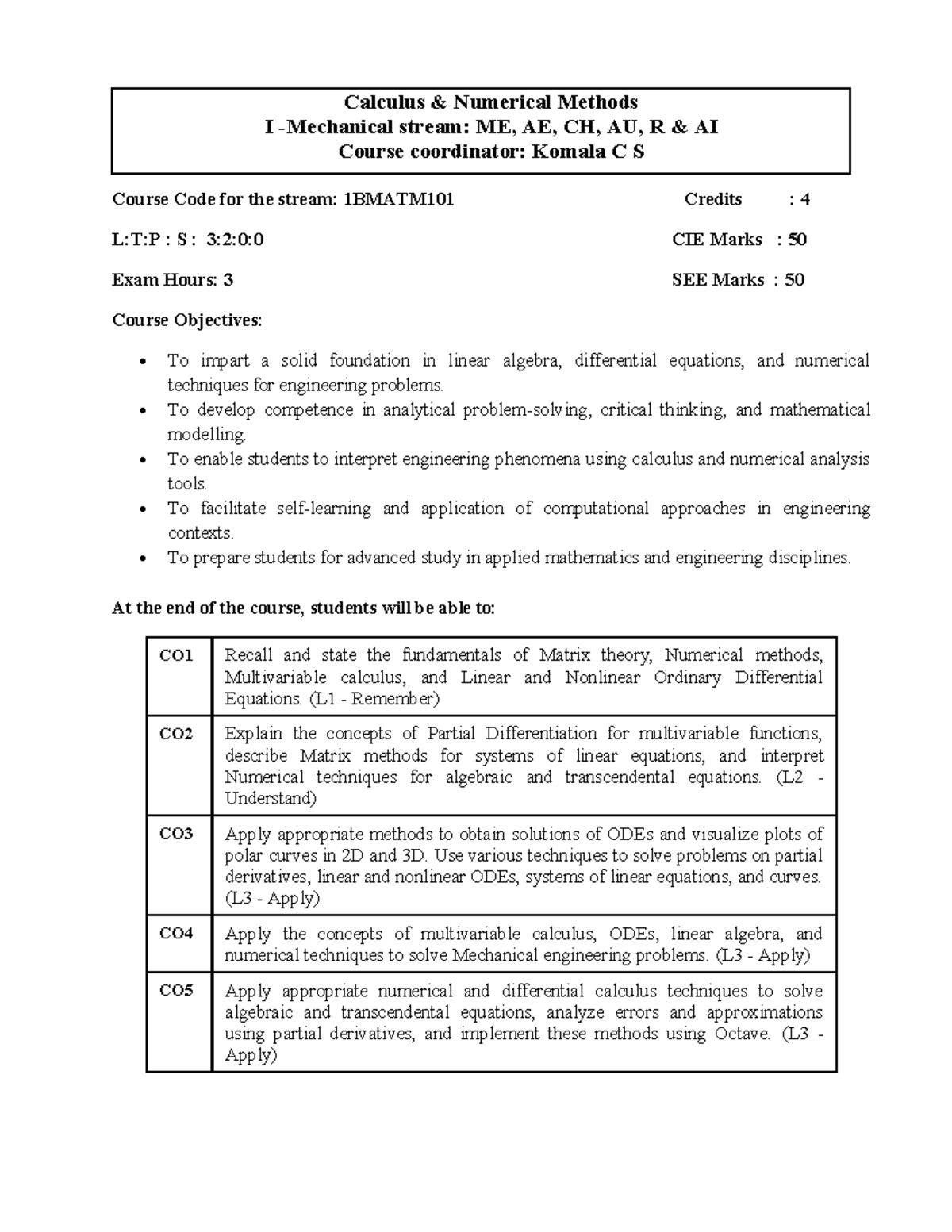 Calculus Numerical Methods I Syllabus - 1BMATM101 - Studocu