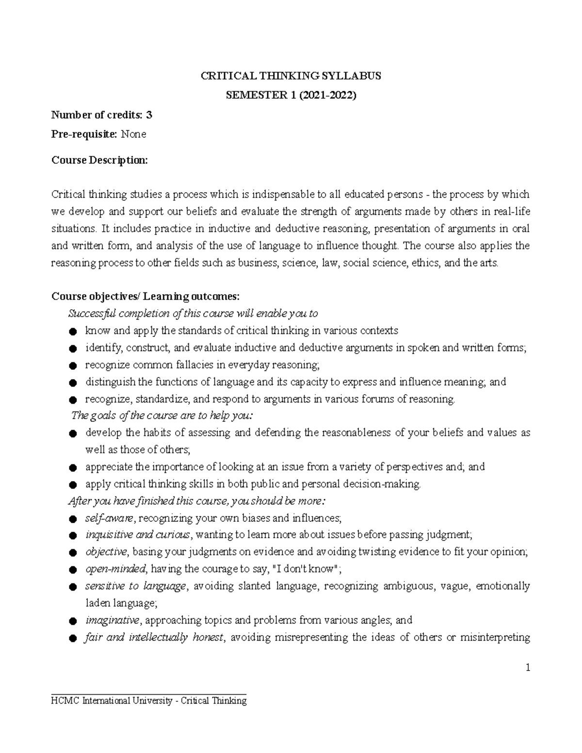 Critical Thinking Syllabus: Semester 1 (2021-2022) - Course Overview - Studocu