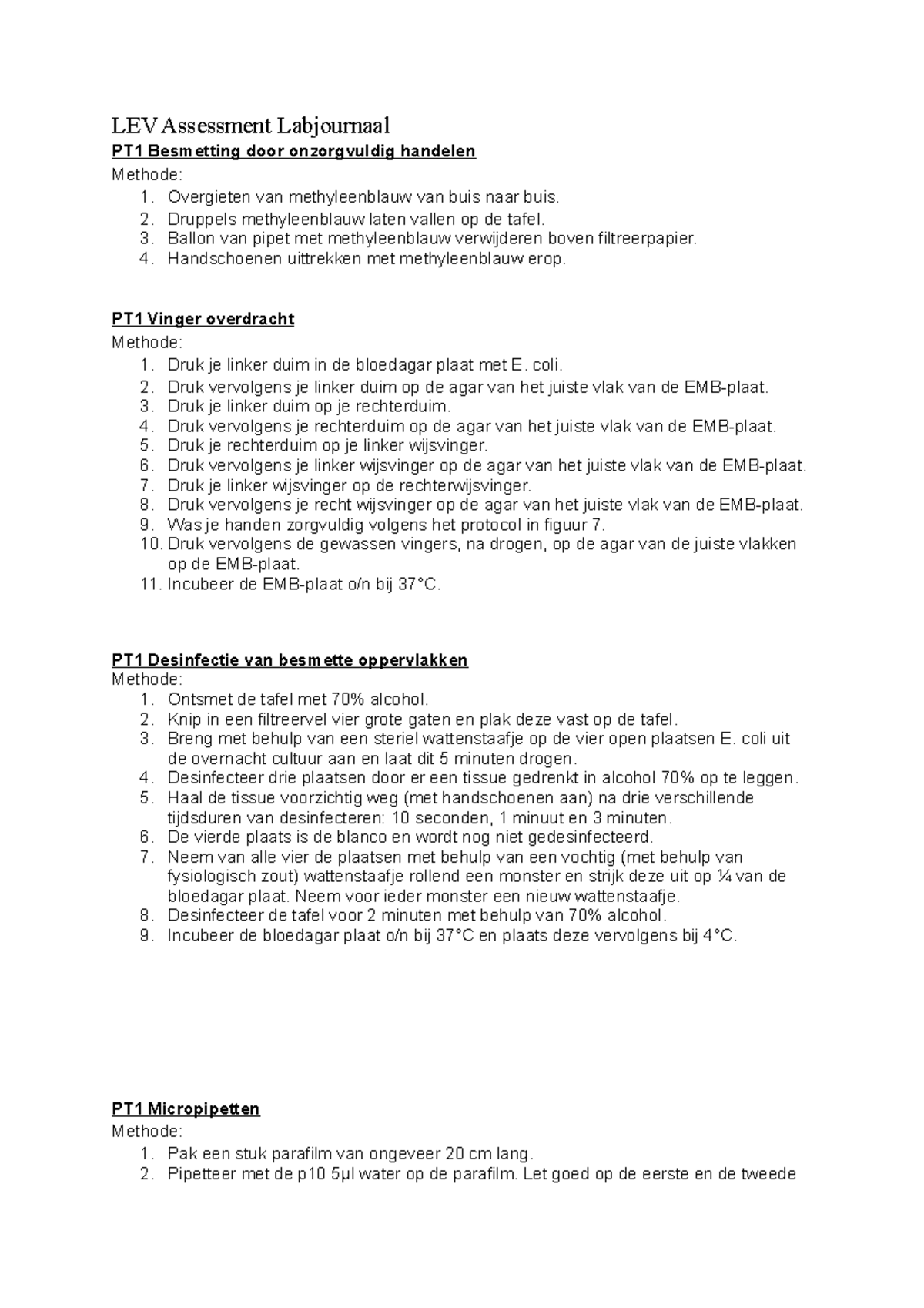 LEV Assessment Labjournaal: Methodes voor Besmetting en Pipetteren ...
