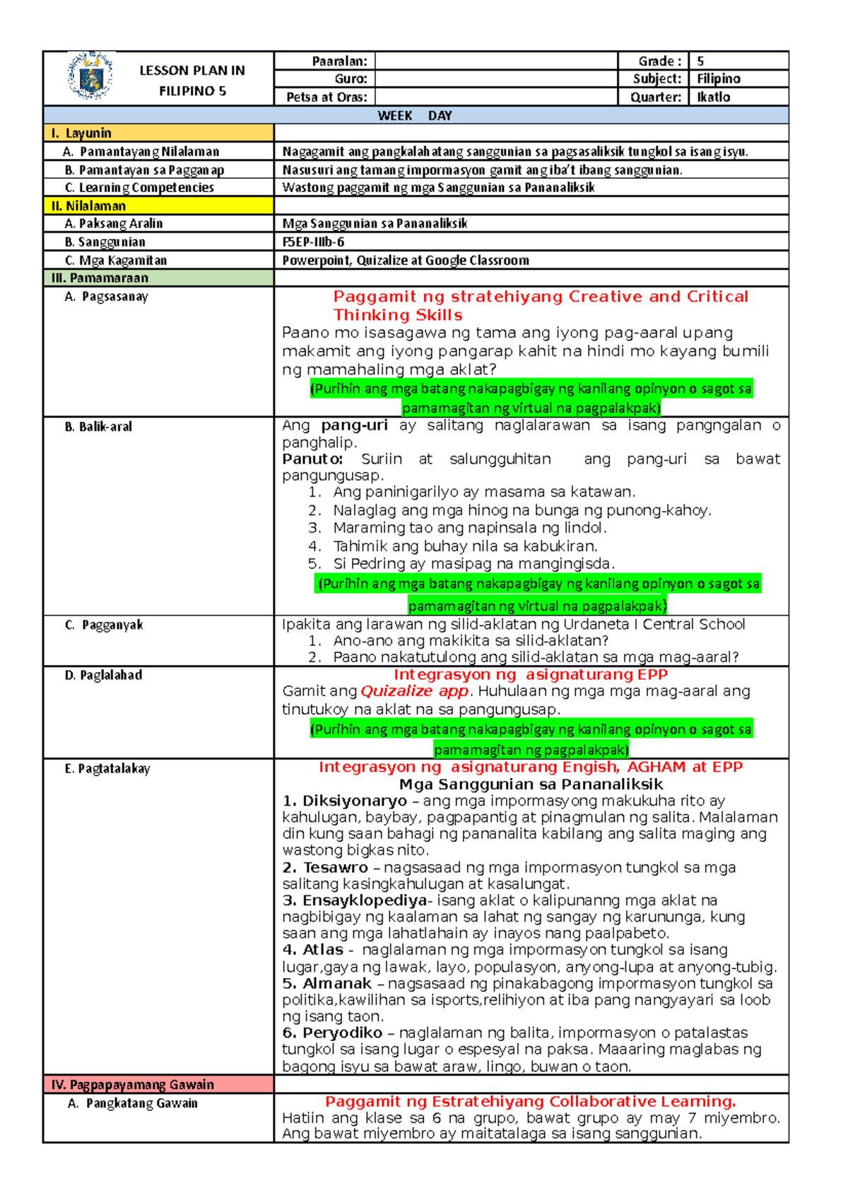 Mga Sanggunian sa Pananaliksik - Lesson Plan (Filipino 5) - Studocu