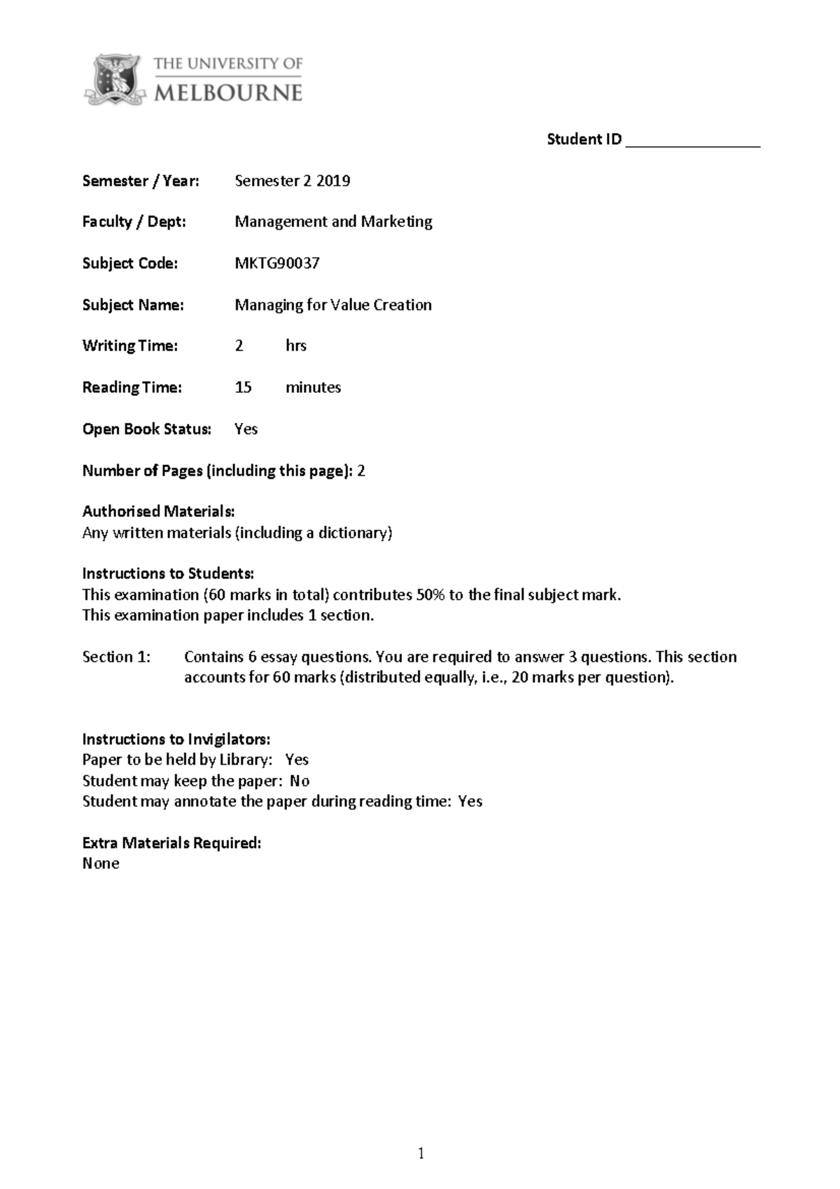 MKTG90037 2019 Semester 2 Exam - Past Questions Review - Studocu