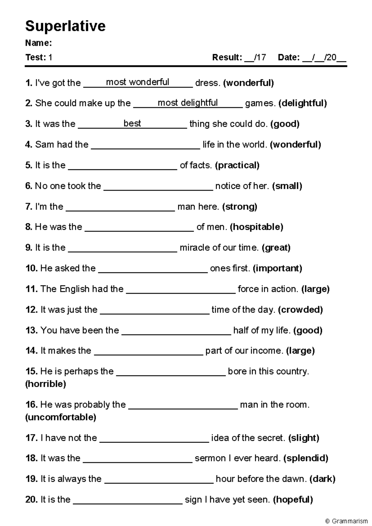 Grammarism Superlative Test 1 (1018302) Results and Analysis - Studocu