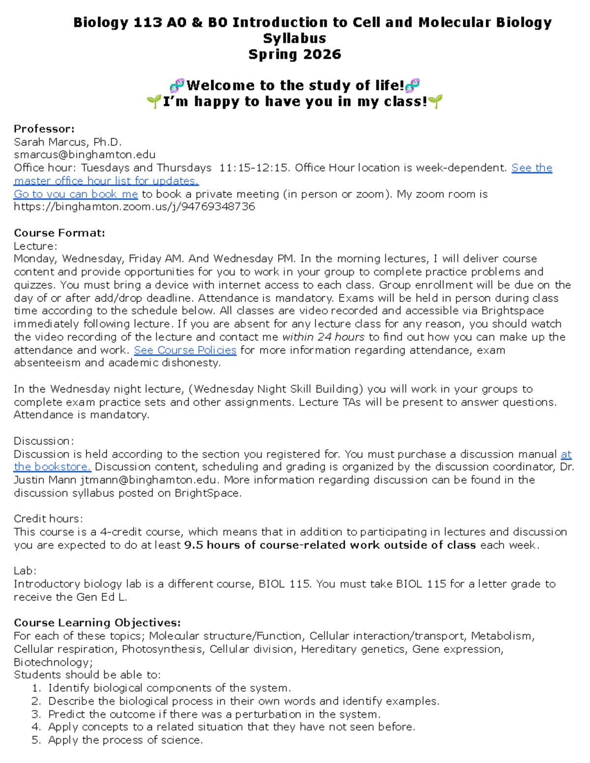 Biology 113 Syllabus: Introduction to Cell & Molecular Biology - Spring ...