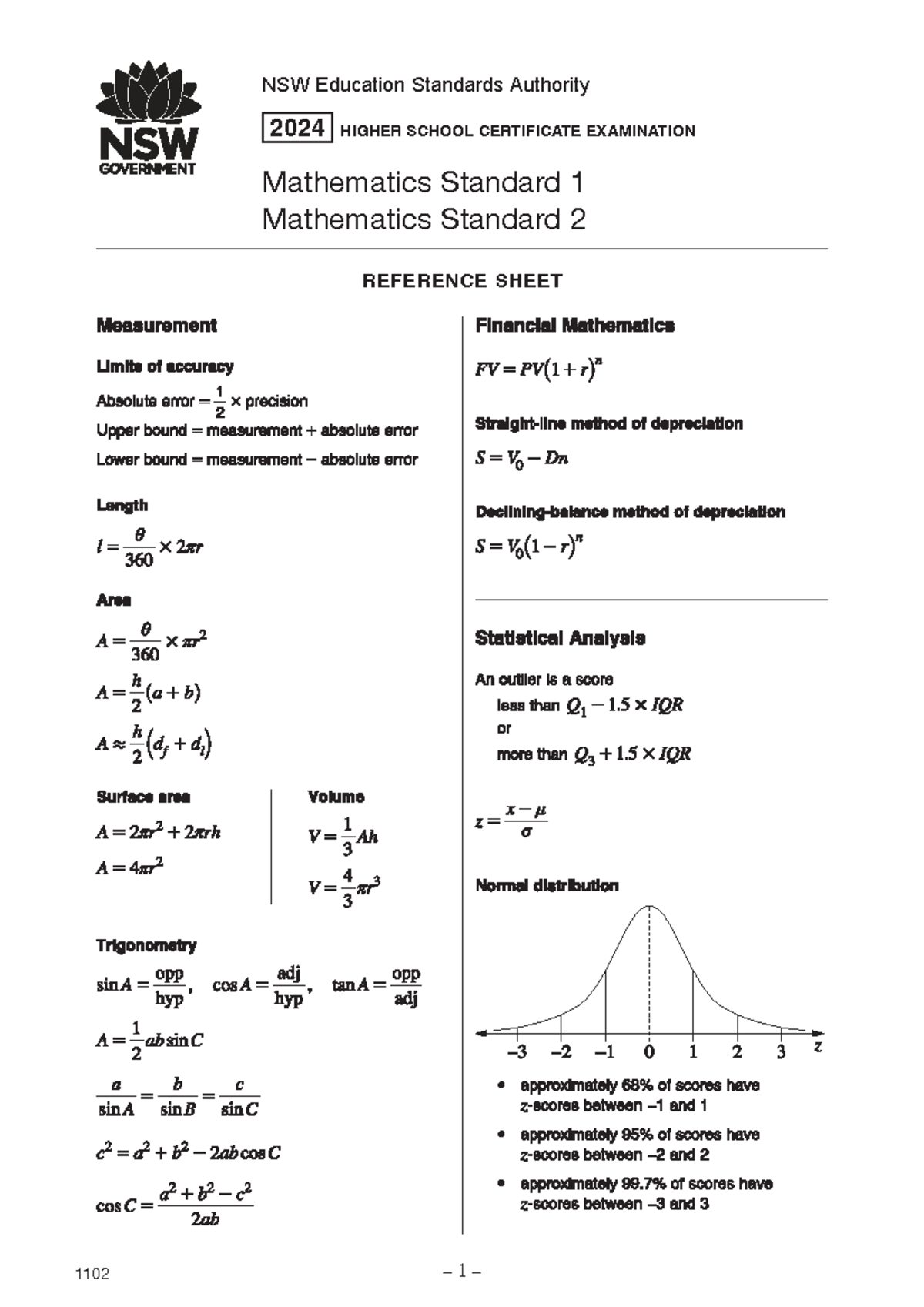 2024 HSC Mathematics Standard 2 - 1102 – 1 – Mathematics Standard 1 ...