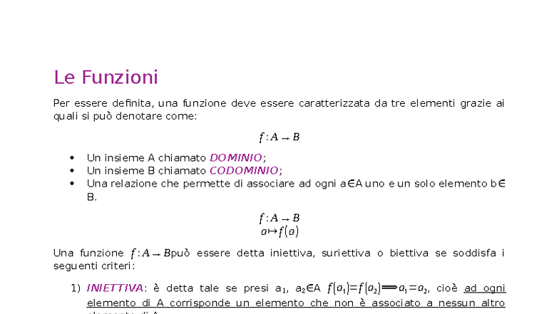 Le Funzioni: Iniettività, Suriettività e Biettività in Matematica - Studocu
