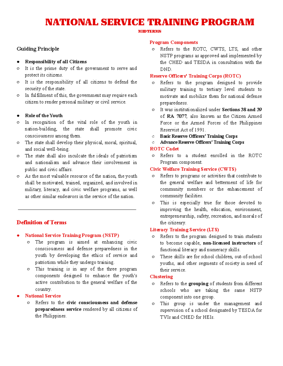 NSTP 101: Midterm Review on National Service Training Program - Studocu