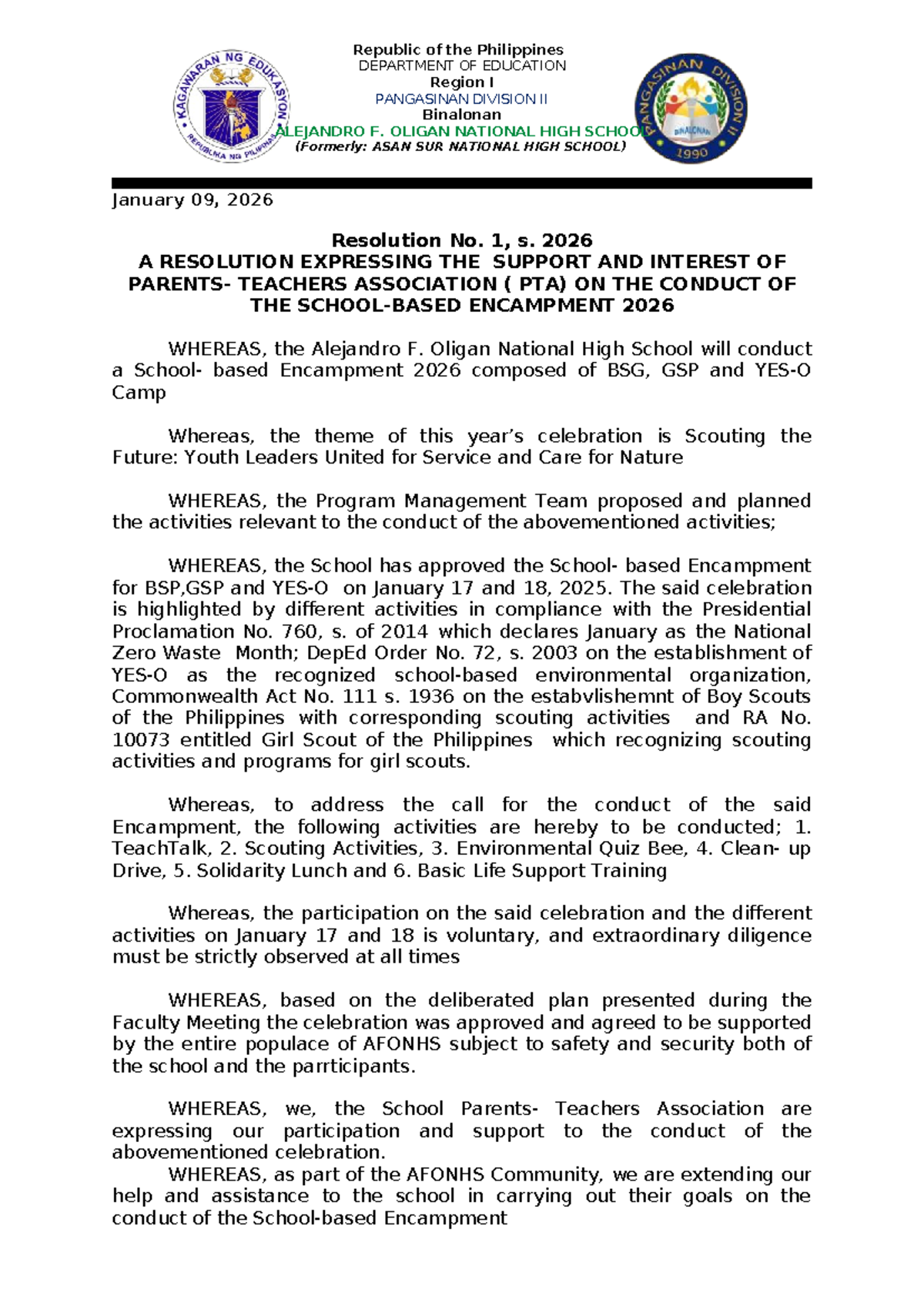 Resolution on Support for Encampment 2026 - AFONHS - Studocu