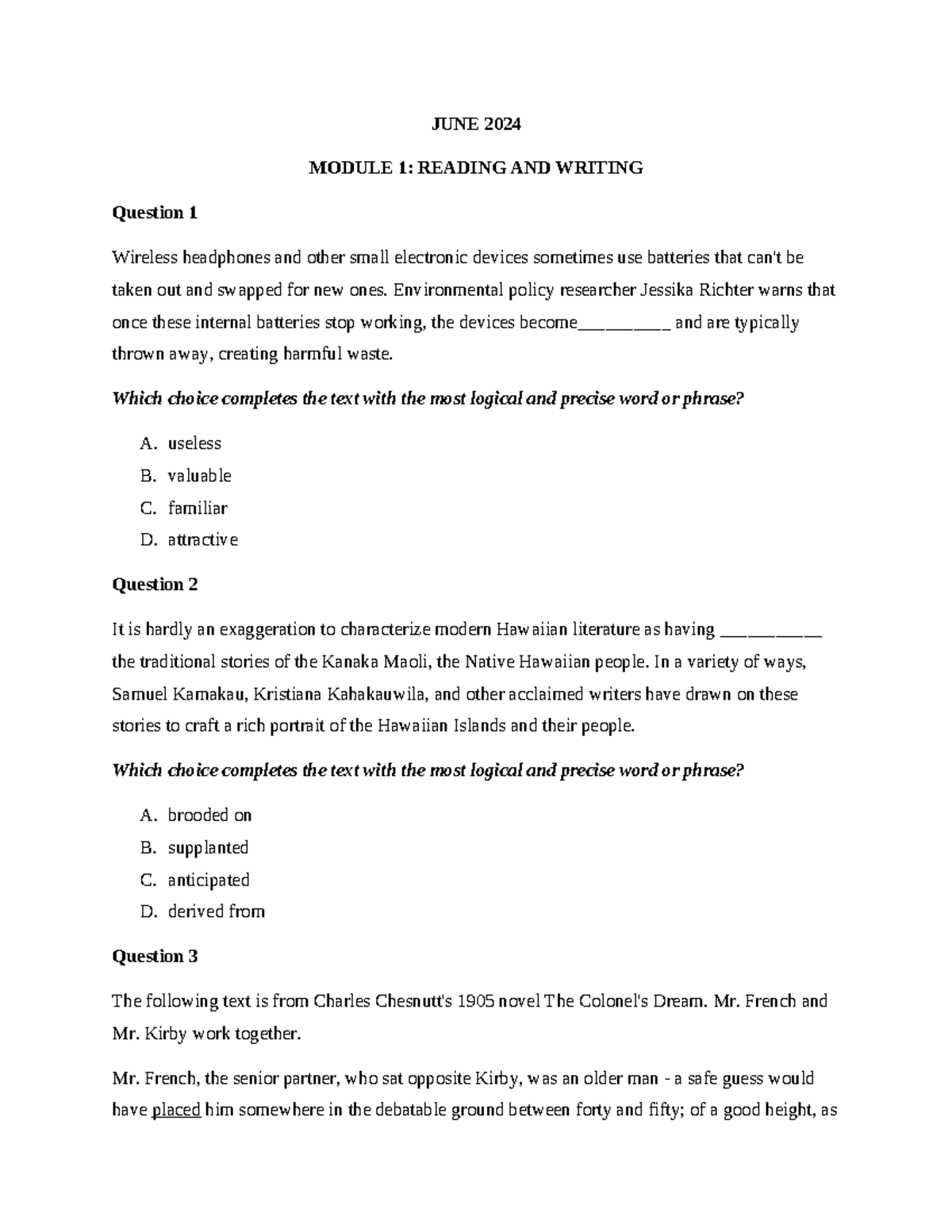 JUNE 2024 MODULE 1: READING AND WRITING PRACTICE QUESTIONS - Studocu