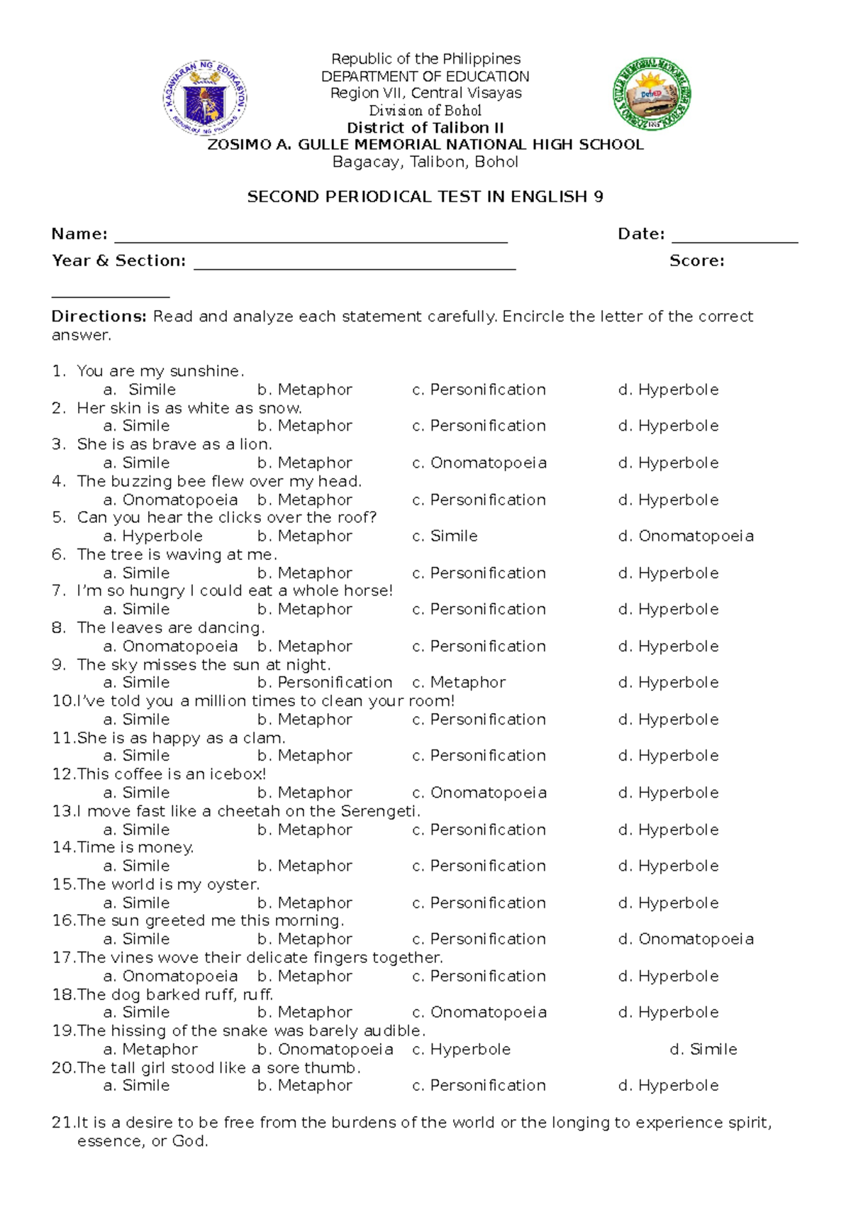 Eng 9 2nd Periodical Test - Republic of the Philippines DEPARTMENT OF ...