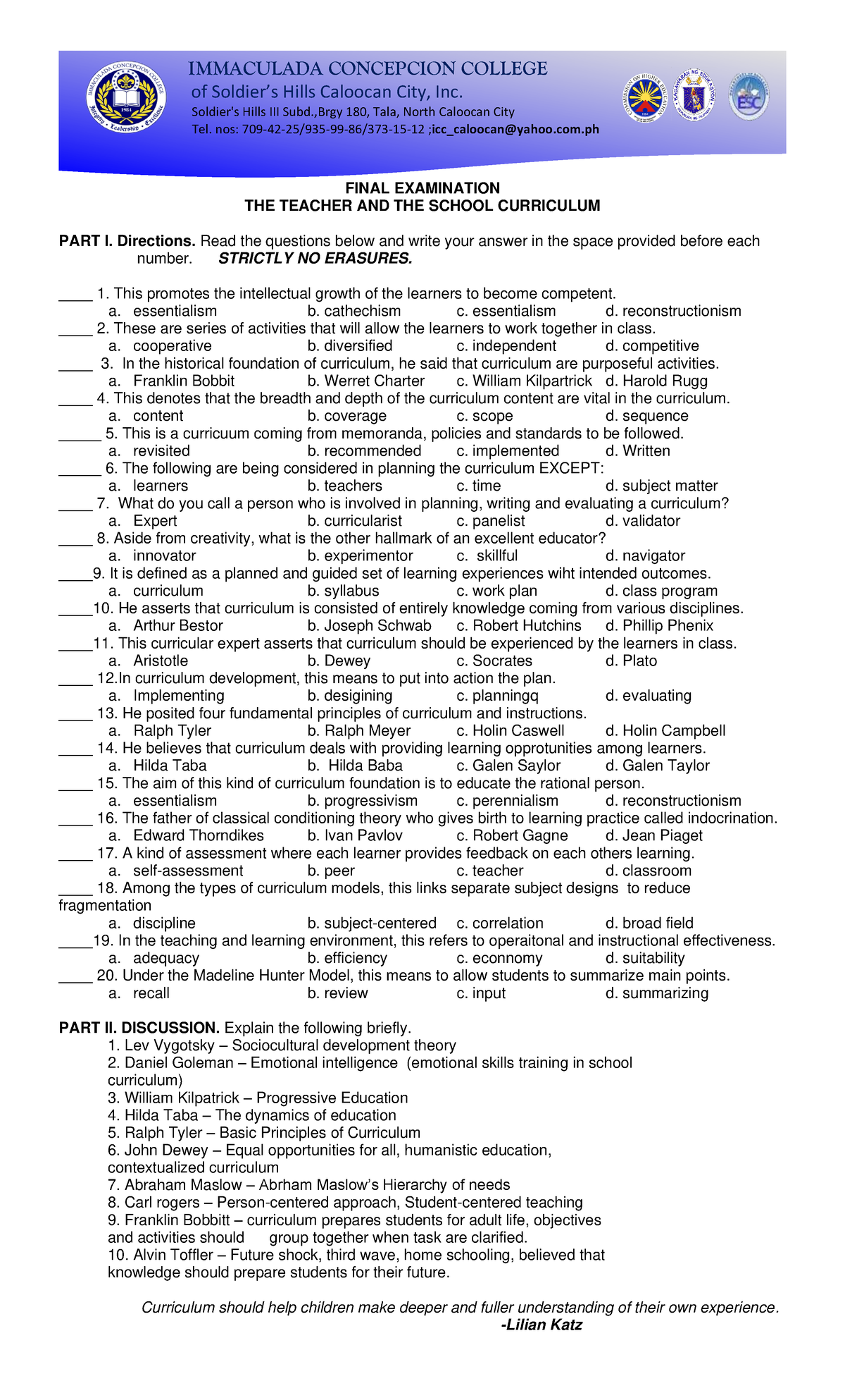 Teacher and School Curriculum Final Exam - ICC - Studocu