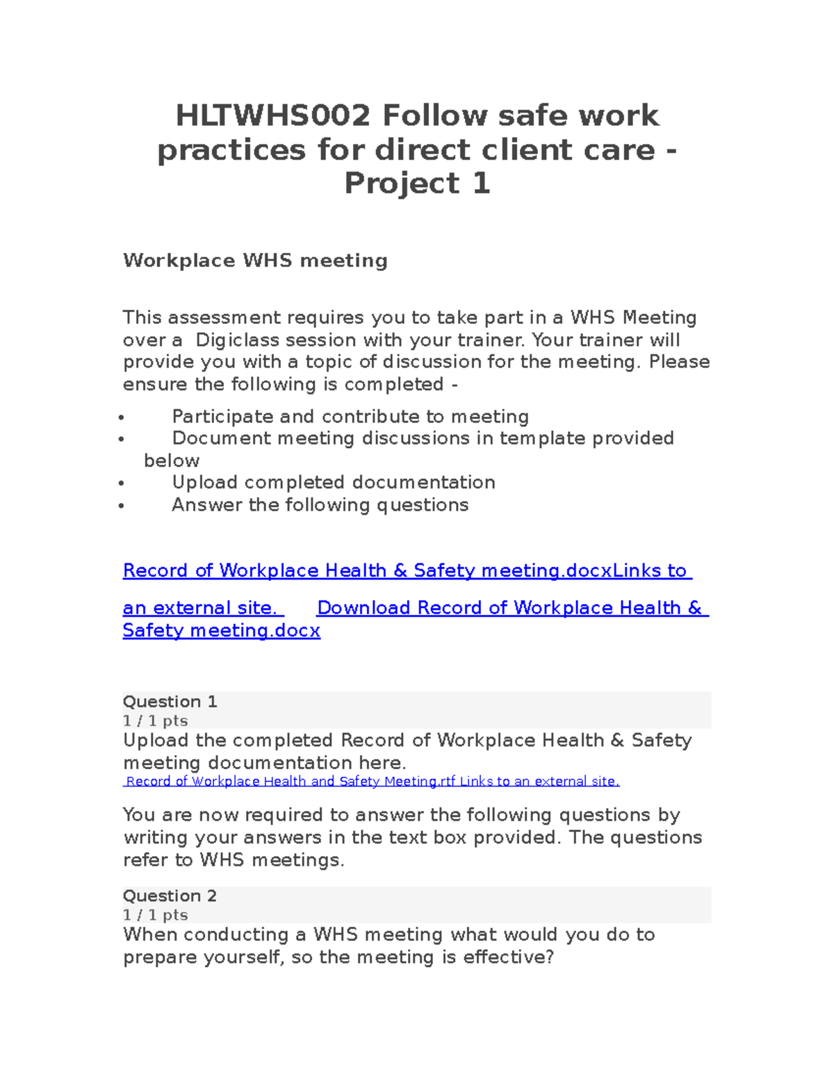 Hltwhs 002 Follow safe work practices for direct client care - Project ...
