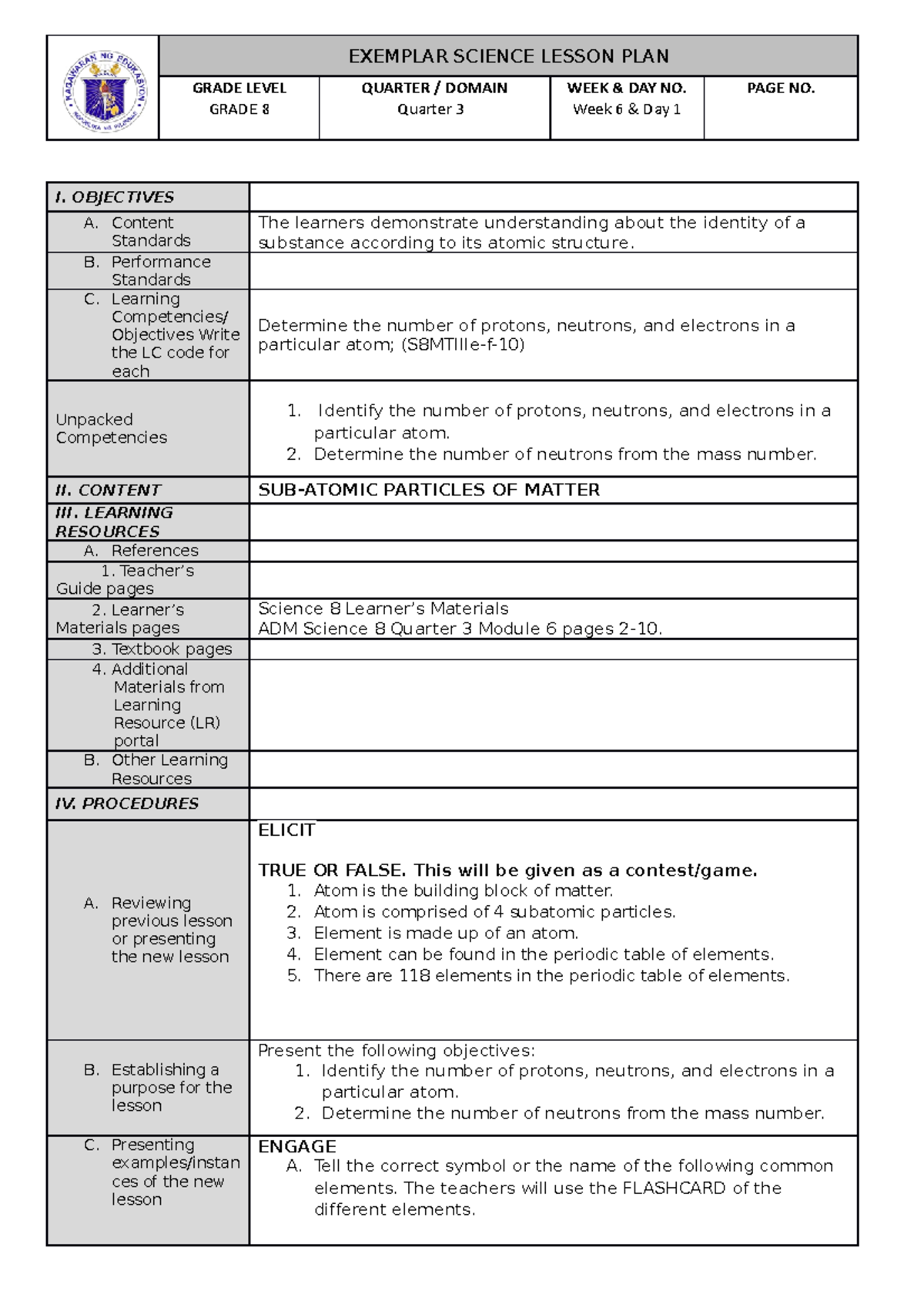 Lesson Exemplar ON SUB- Atomic Particles - GRADE LEVEL GRADE 8 QUARTER ...