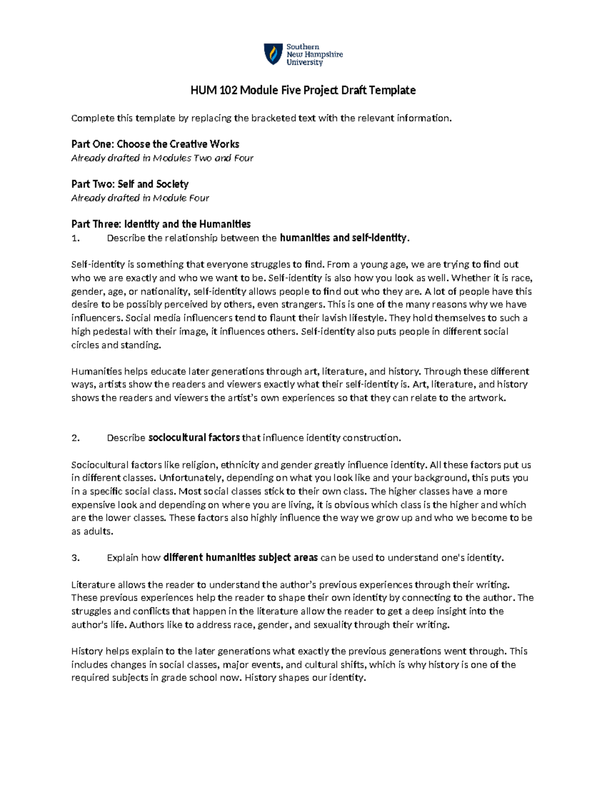 HUM 102 Module Five Project Draft: Exploring Identity & Humanities ...