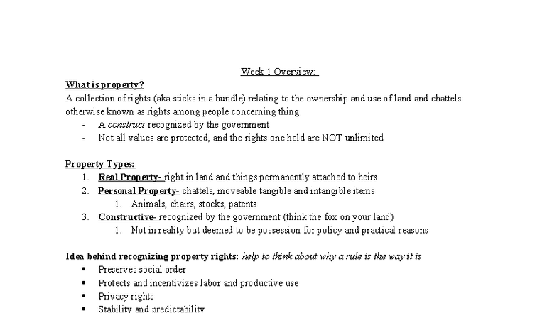 Property Rights Overview: Week 1 Concepts and Cases - Studocu
