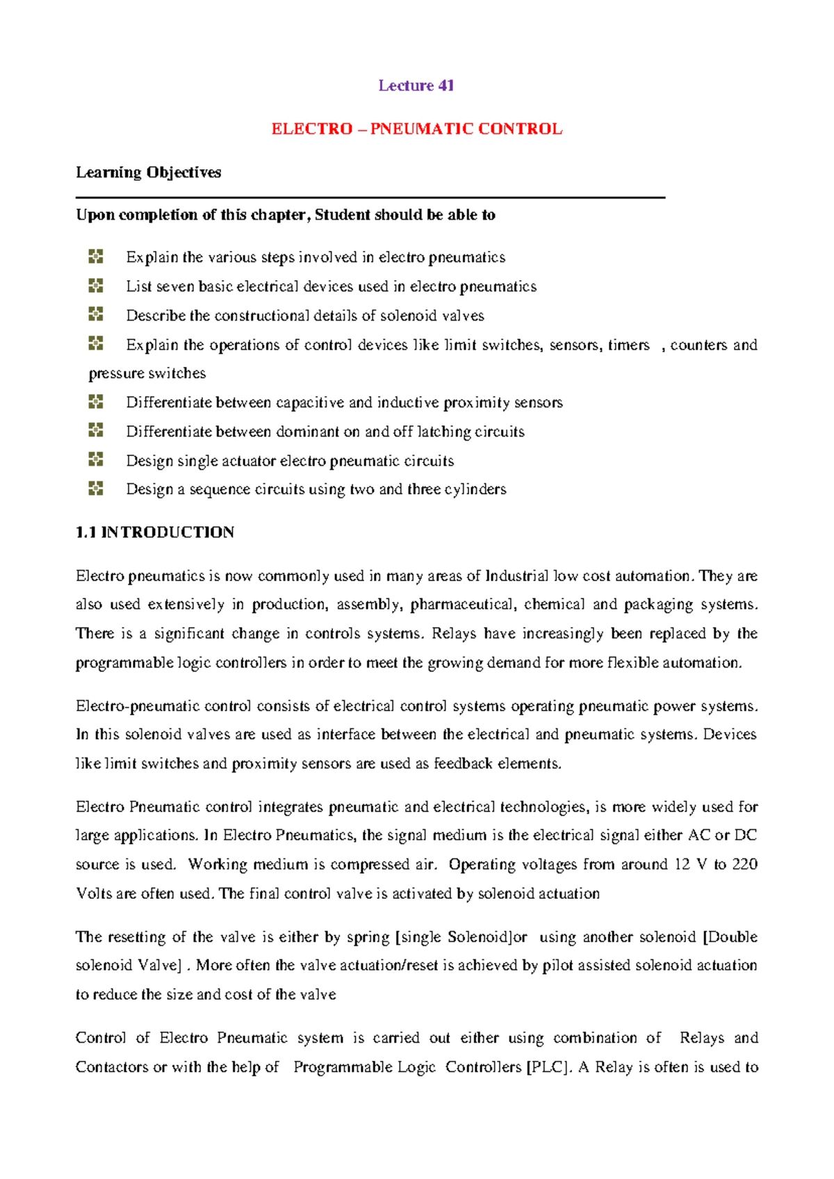 Lecture 41 - Lecture 41 ELECTRO – PNEUMATIC CONTROL Learning Objectives ...