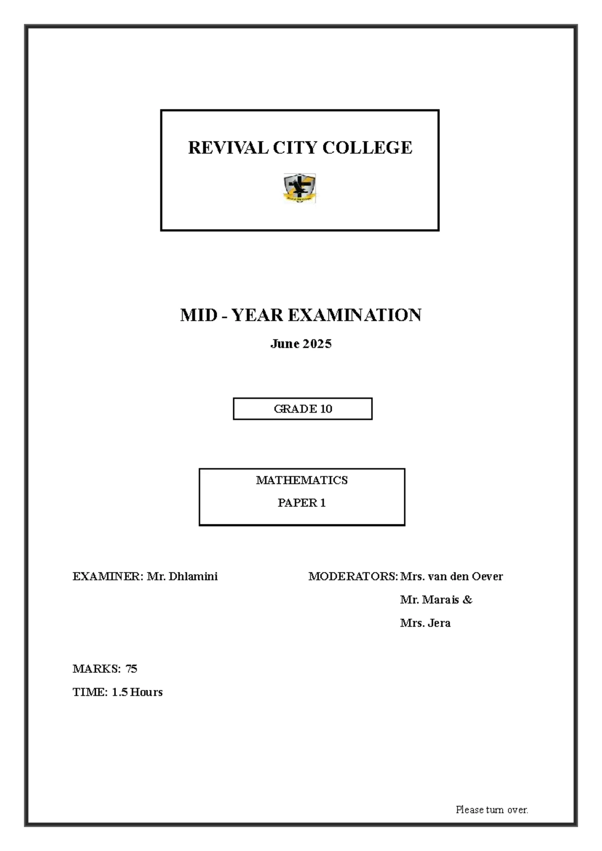 Mathematics P1 Grade 10 - Mid-Year Exam June 2025 Paper - Studocu