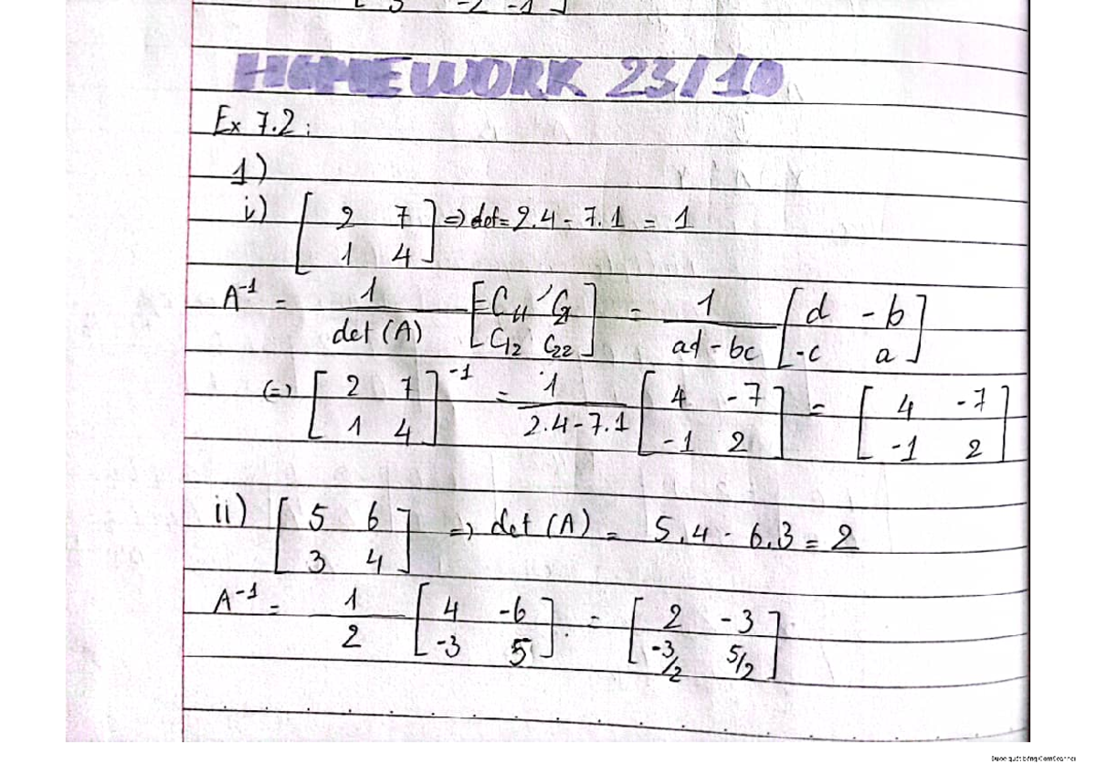 BT Toán CC: Homework on Matrix Determinants and Properties - Studocu