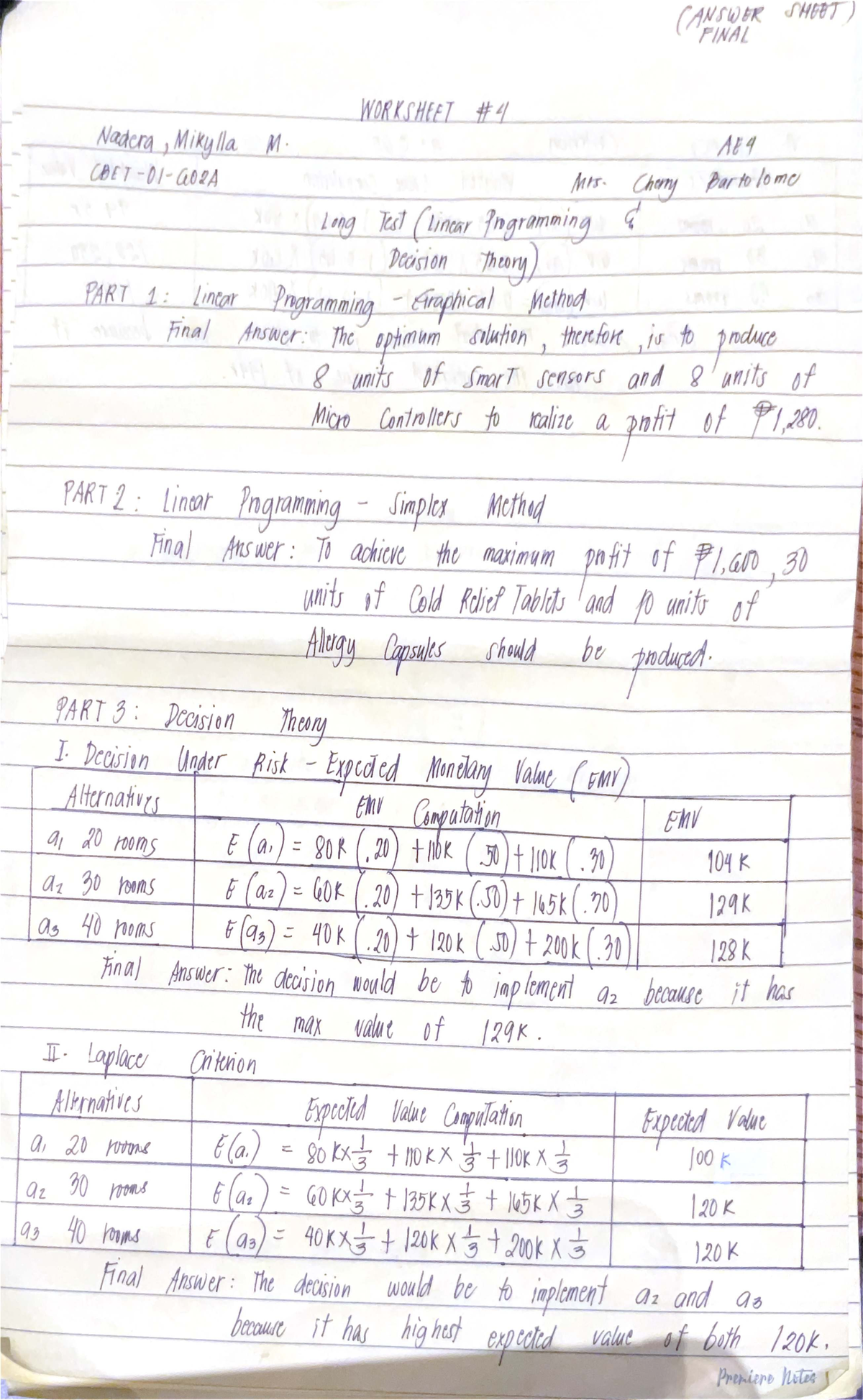 Nadera Worksheet #4: Linear Programming & Decision Theory Solutions ...