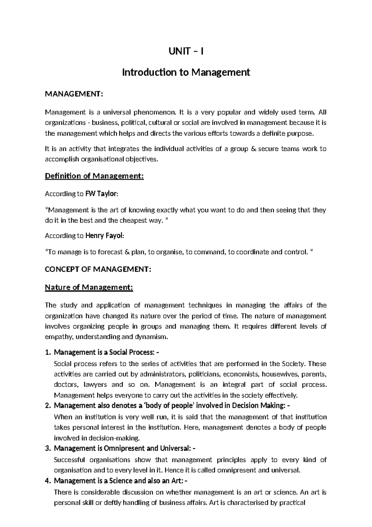 Management Concepts and Functions - UNIT I Overview - Studocu
