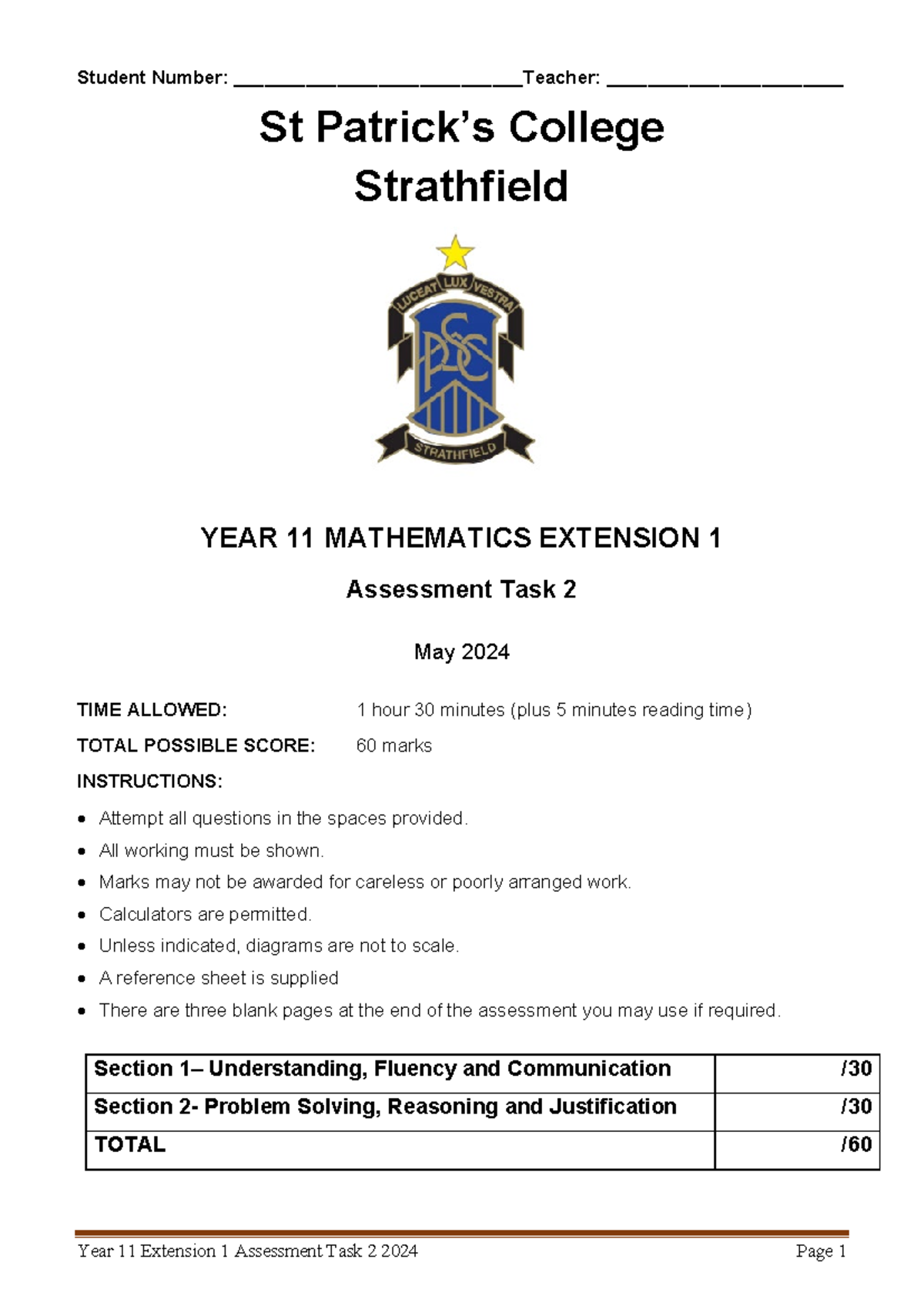 Year 11 Mathematics Extension 1 Assessment Task 2 - May 2024 - Studocu