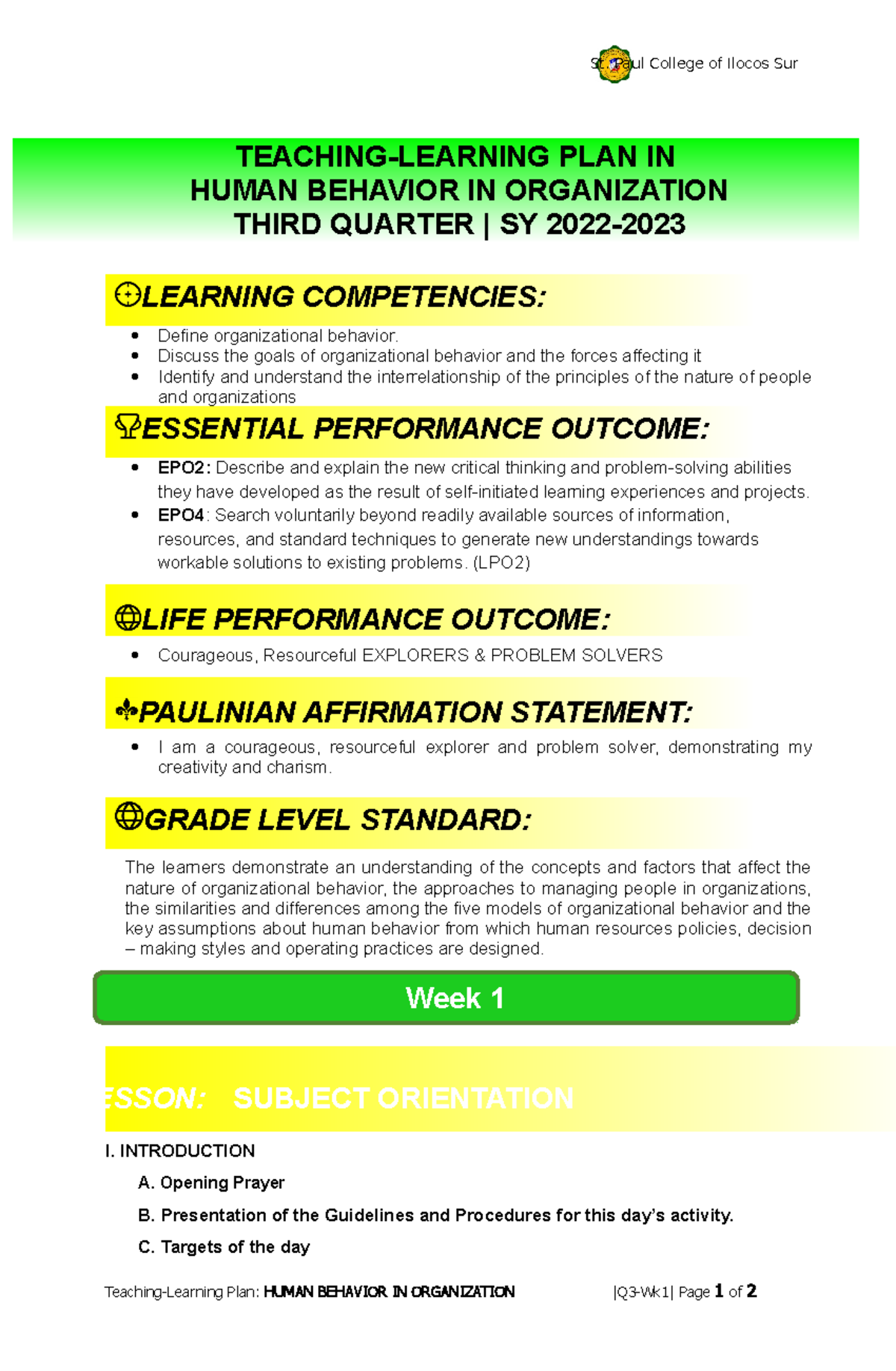 Teaching-Learning Plan: HUM BEHAVIOR IN ORG | COGNATE 1 | Q3-WK1 - Studocu