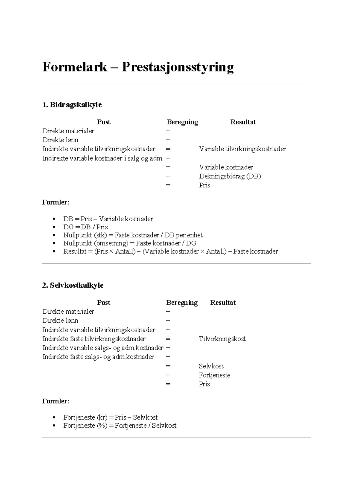 Formelark for Prestasjonsstyring 1: Bidrags- og Selvkostkalkyle - Studocu
